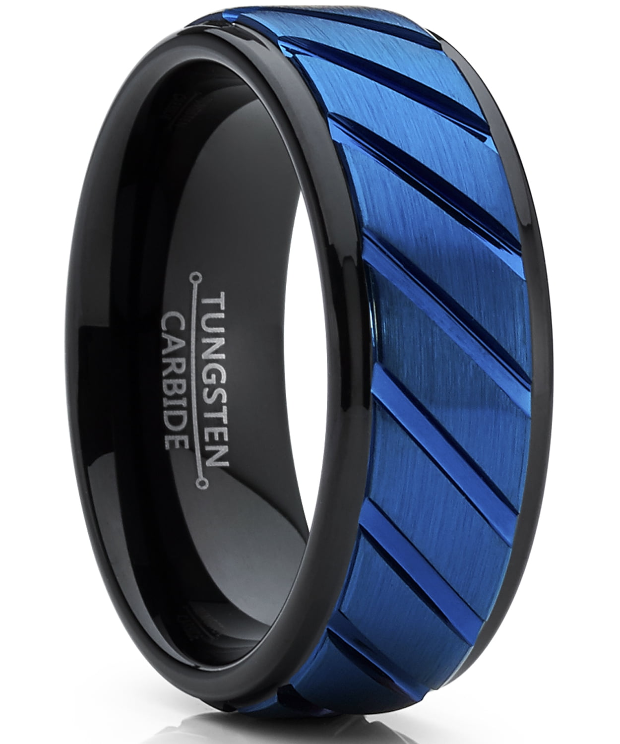 Metal Masters Tungsten Carbide Black Blue Wedding band Engagement Ring Grooved Raised Center ...