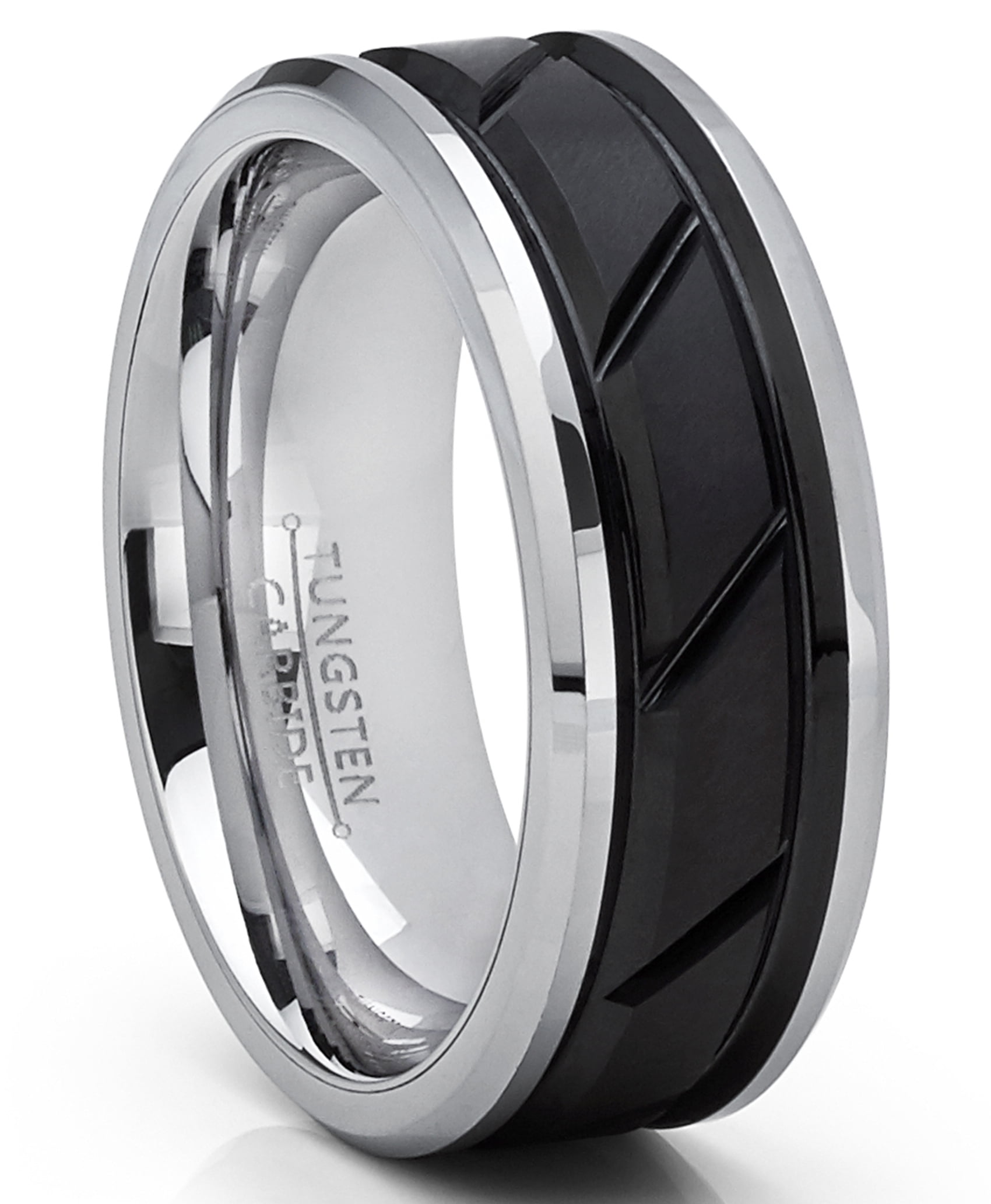 Metal Masters Tungsten Carbide Mens Black Diagonal Grooved Wedding Band ...