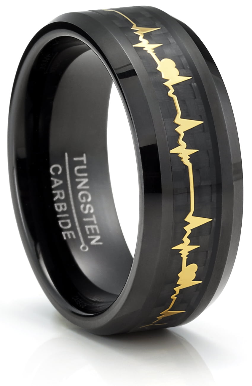 Metal Masters Tungsten Carbide Mens Ring Wedding Band Black Gold-Tone Heart Beat Carbon Fiber ...
