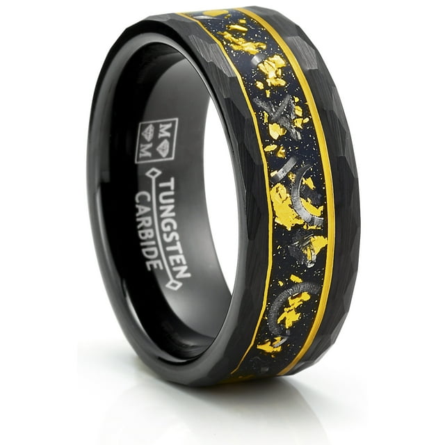 Metal Masters Tungsten Carbide Mens Ring Wedding Band Gold Flakes Meteorite Shavings Hammered ...