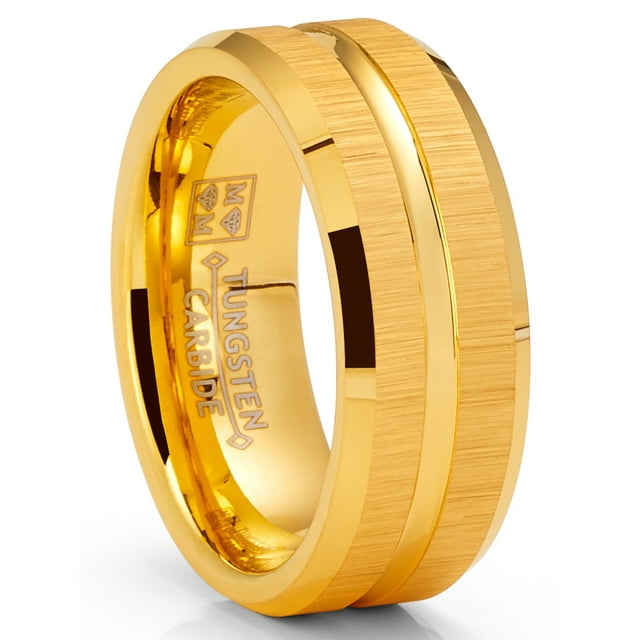 Metal Masters Mens Tungsten Carbide Ring Brushed Goove Wedding Band Goldtone 8mm - Walmart.com