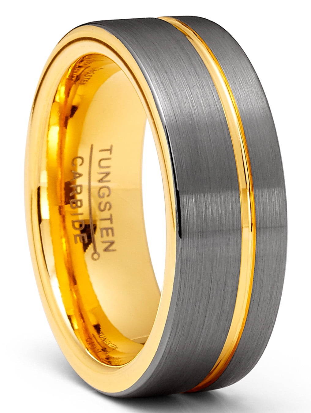Metal Masters Mens Tungsten Carbide Ring Gunmetal Wedding Band Goldtone Grooved Ring 8mm Comfort ...