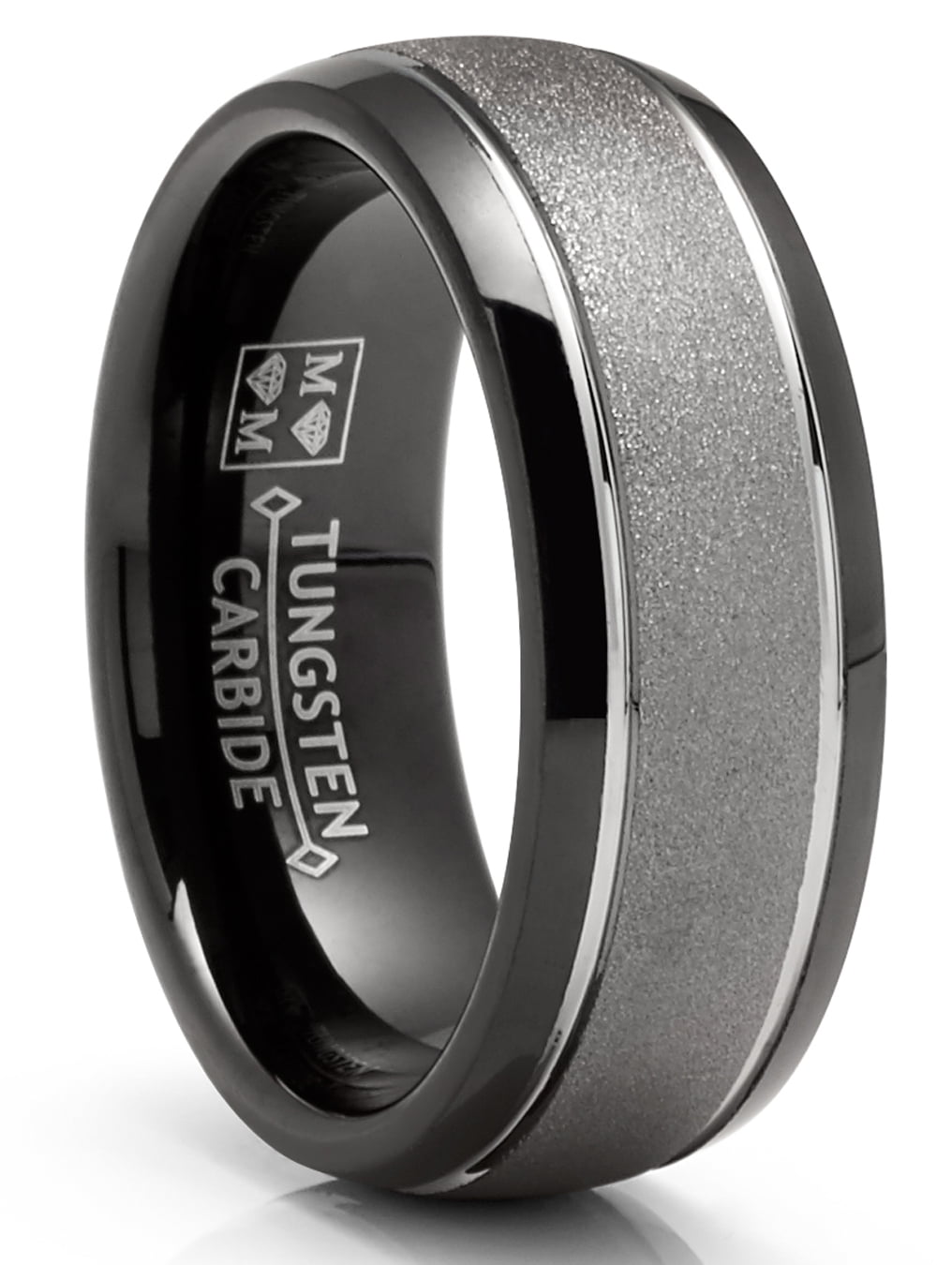 Metal Masters Mens Two-Tone Sandlasted Tungsten Carbide Ring Dome Wedding Band Black Inlay 8mm ...
