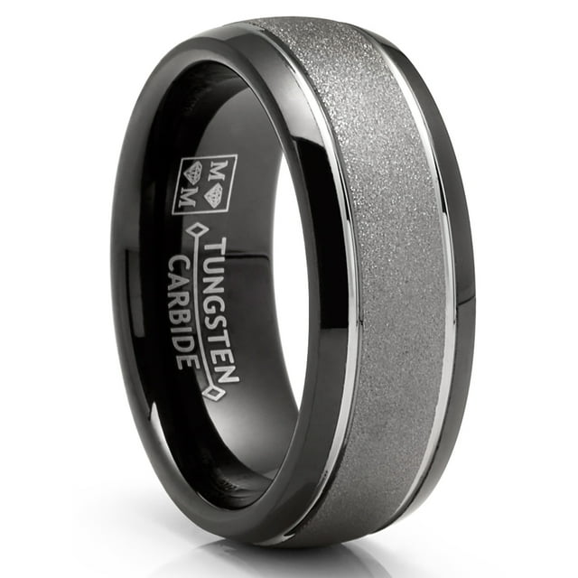 Metal Masters Mens Two-Tone Sandlasted Tungsten Carbide Ring Dome Wedding Band Black Inlay 8mm ...