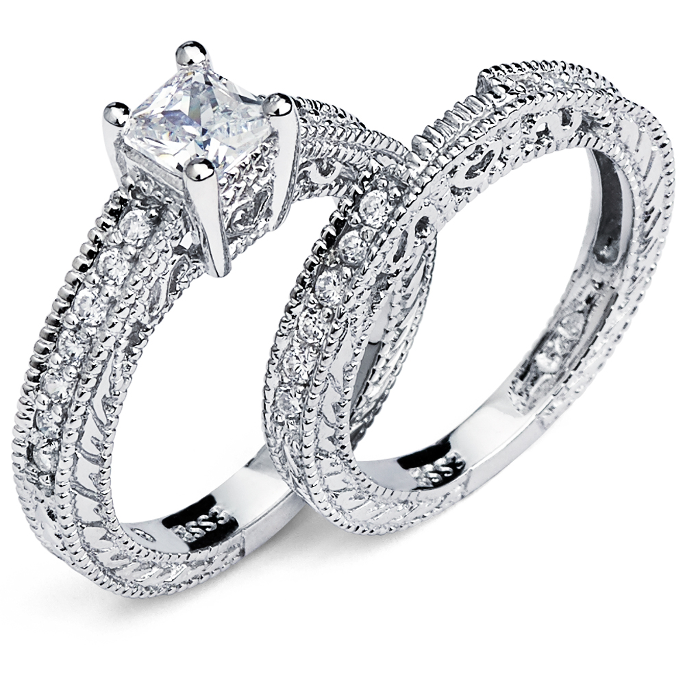 925 Sterling Silver White Sapphire Diamond Engagement Bridal Wedding Ring Set - Walmart.com