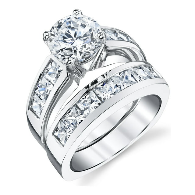 Metal Masters Womens Sterling Silver Bridal Set 2ct. Engagement Wedding Ring Round Princess-Cut ...