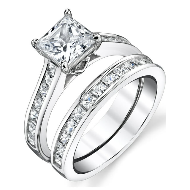 Metal Masters Sterling Silver 1.5 Carats Bridal-Set Engagement and Matching Wedding Ring, Cubic ...