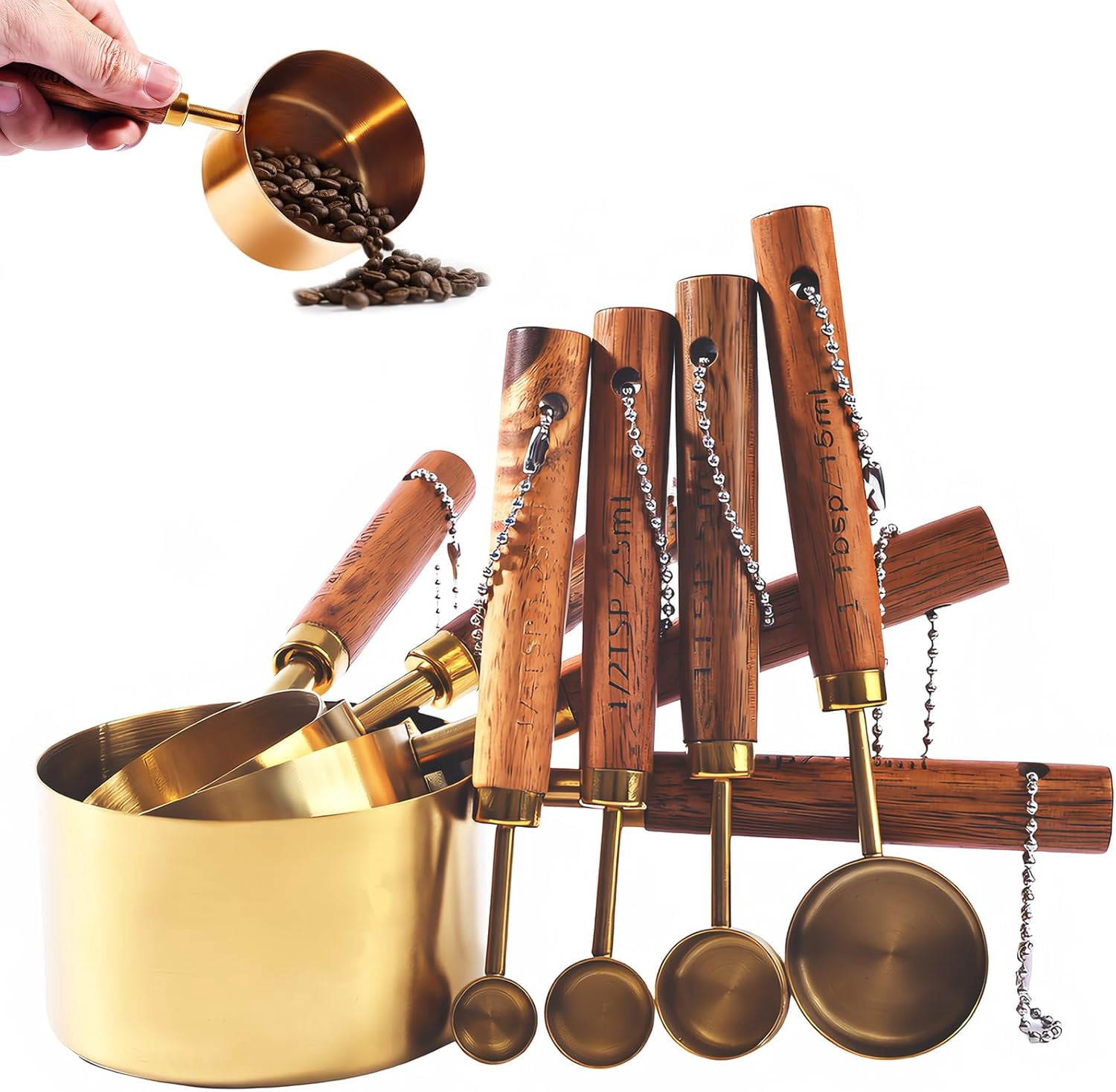Metal Measuring Cups and Spoons Set with Acacia Wood Handle, 8-Piece ...