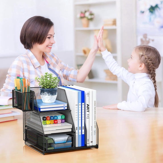 Metal Mesh Desk Organizer with File Holder, 2-Tier Letter Tray & Drawer ...