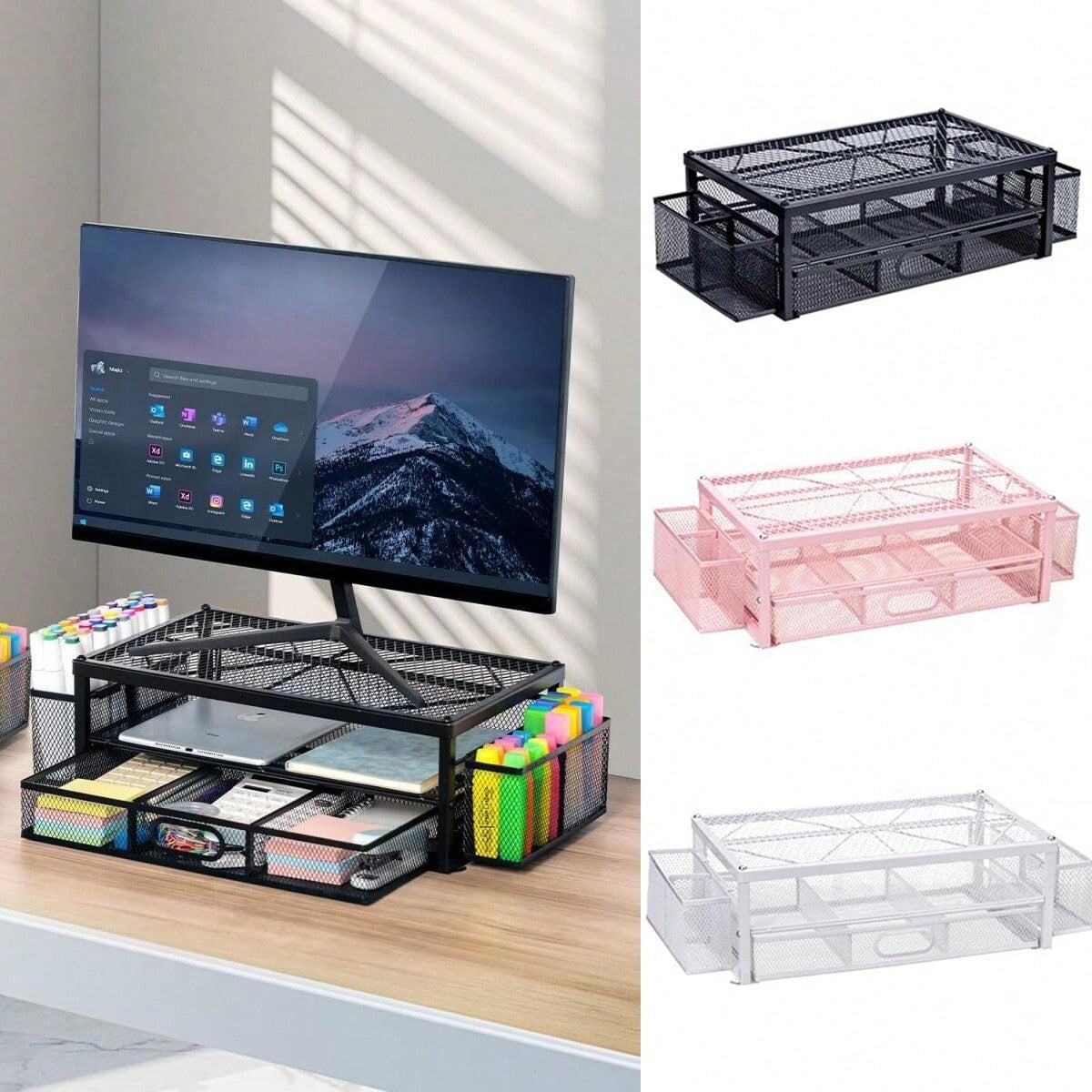 Metal Mesh Monitor Stand Riser With Pull Out Storage Drawer Desk Organizer With Drawer Black ...