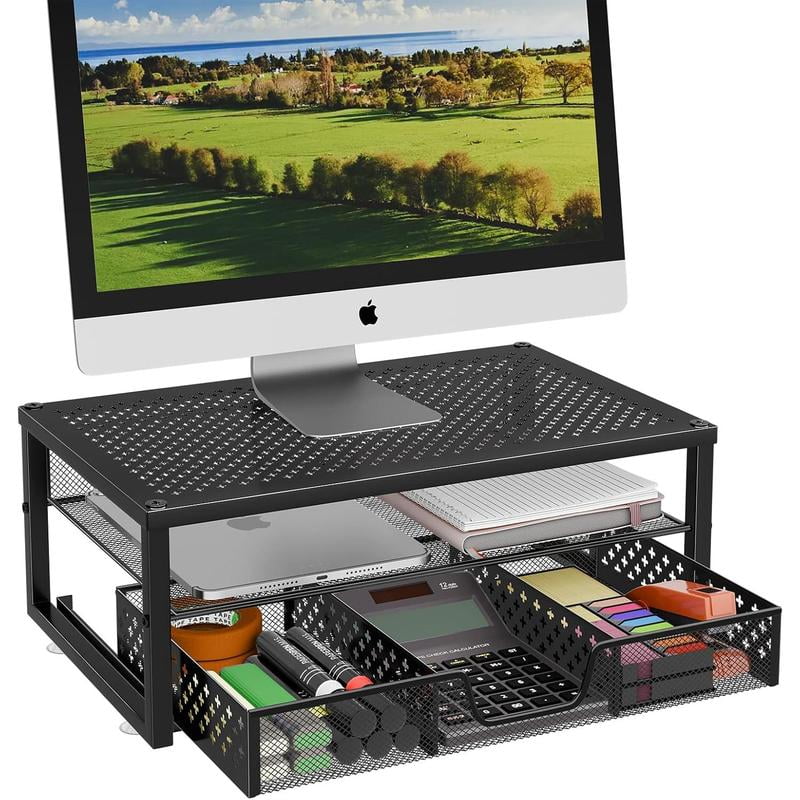 Metal Monitor Stand Riser and Computer Desk Organizer with Drawer for ...