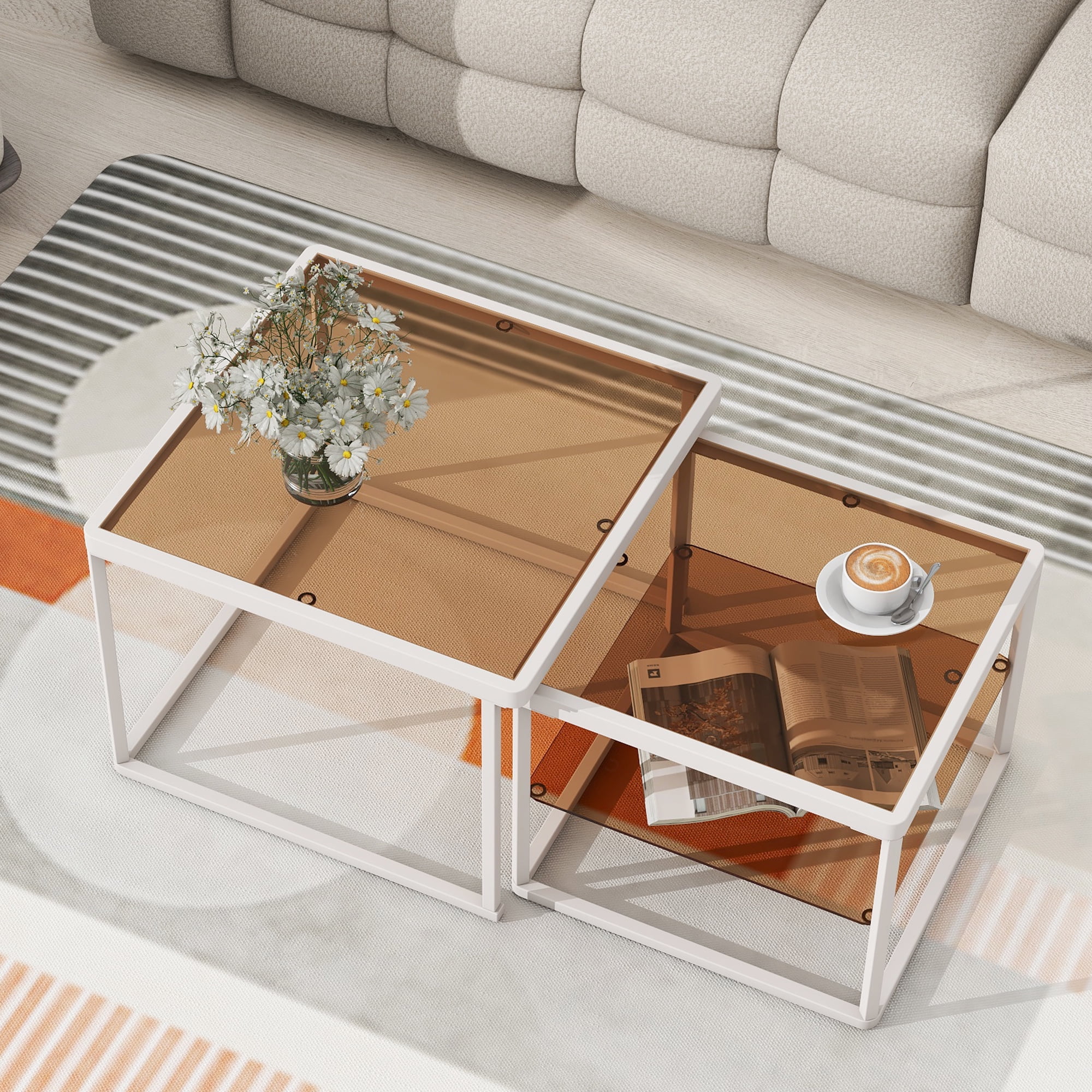 Metal Nested Coffee Table with High-low Combination Design, Adjustable ...