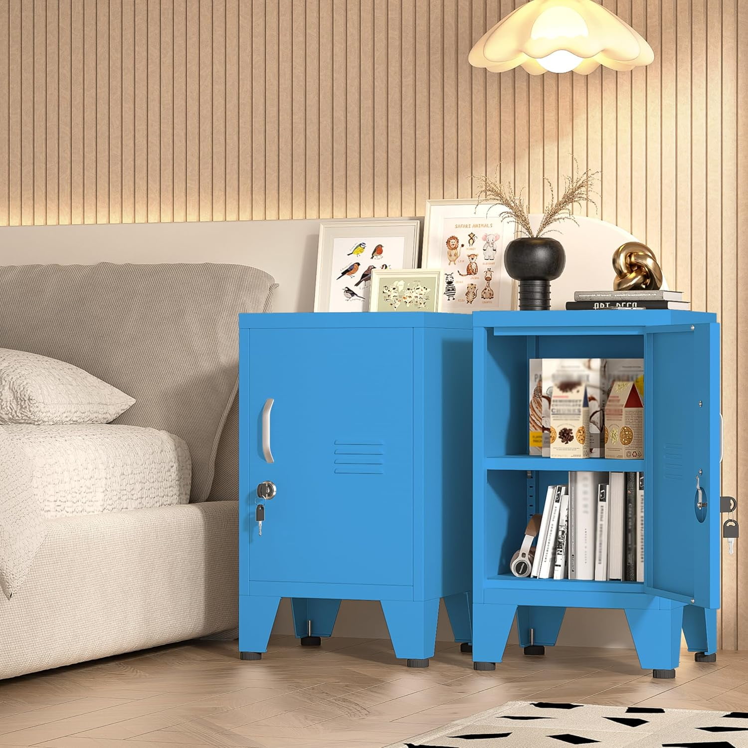 Metal NightStand Storage Cabinets with Lock and Adjustable Shelf Under ...