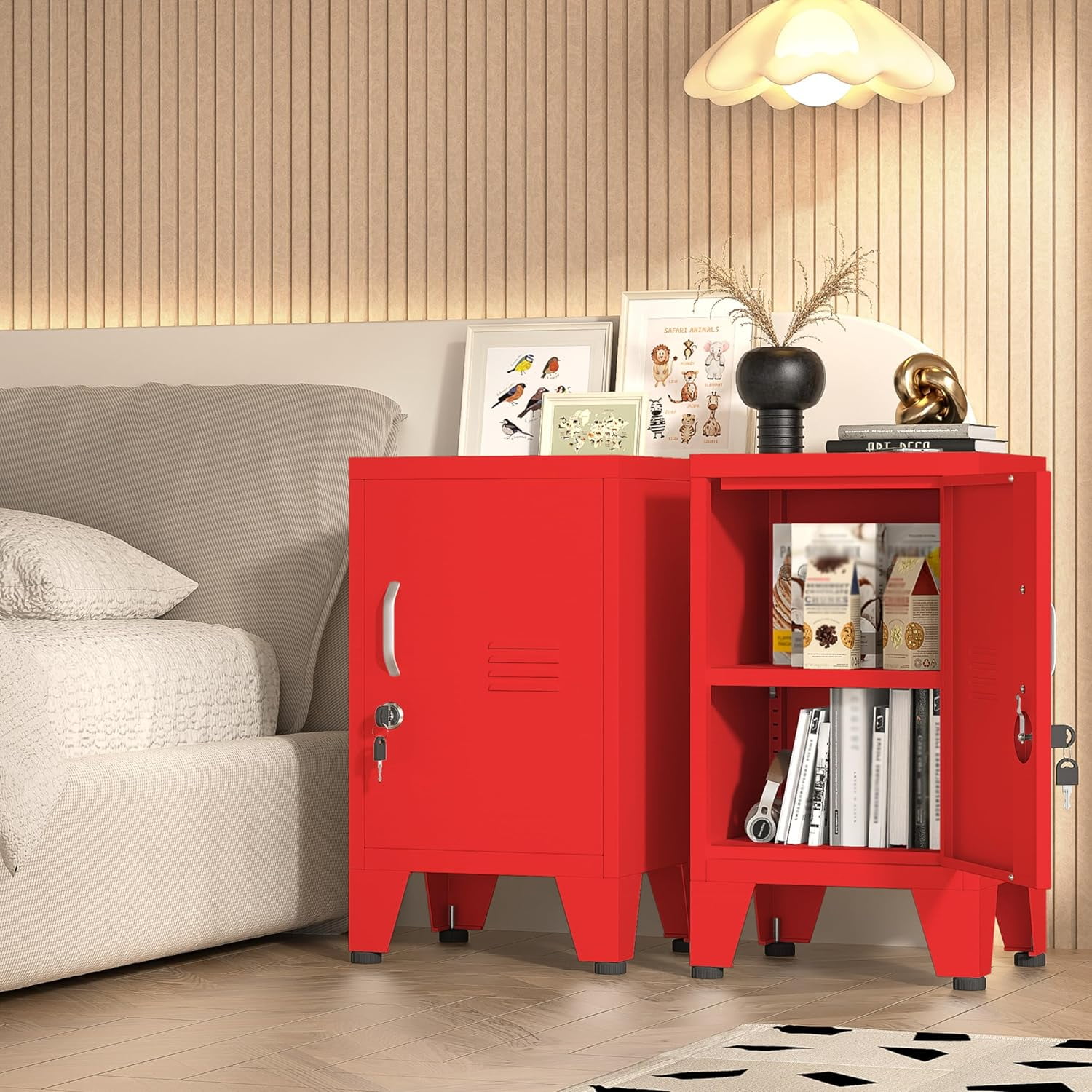 Metal NightStand Storage Cabinets with Lock and Adjustable Shelf Under ...