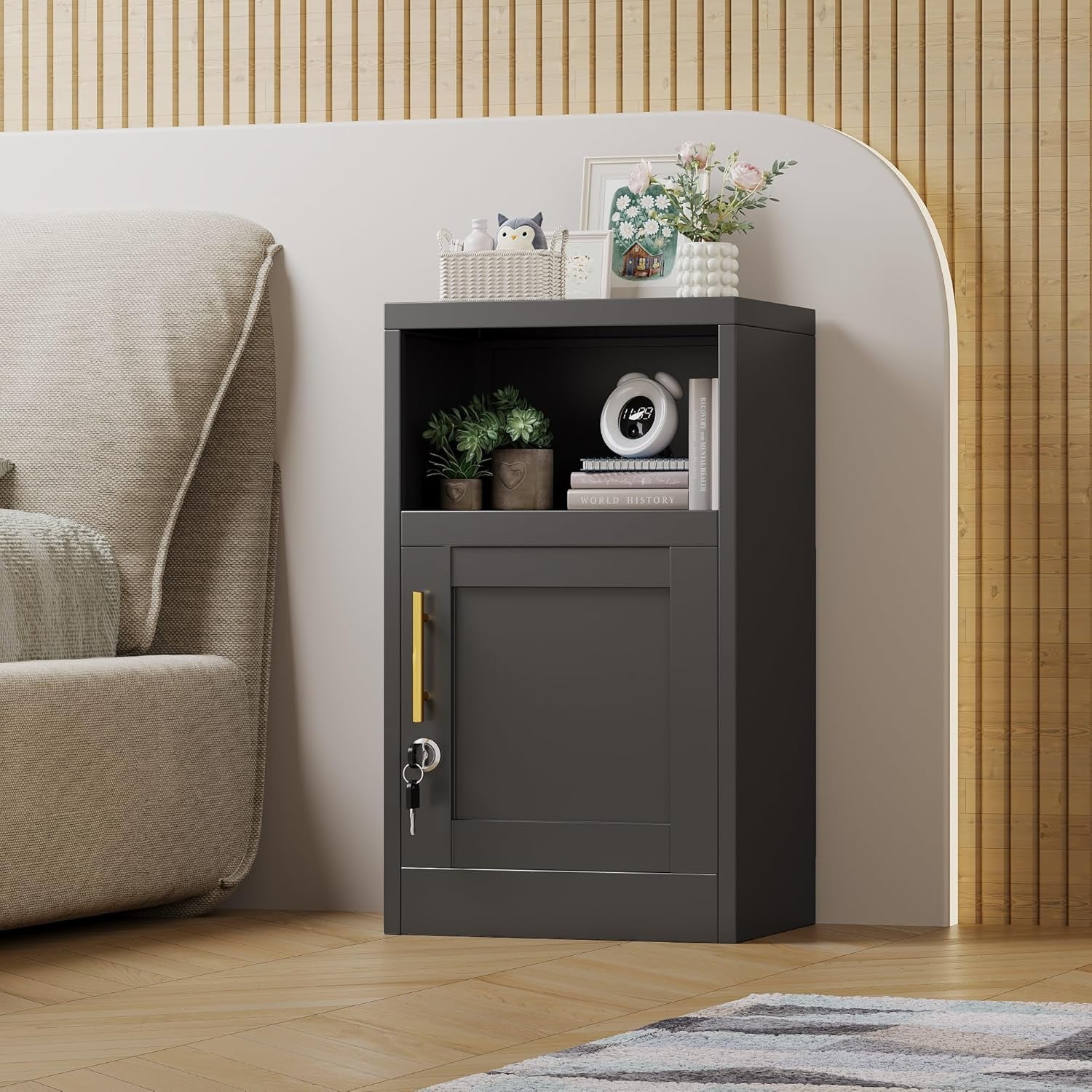 Metal NightStand Storage Cabinets with Lock and Adjustable Shelf,Under ...