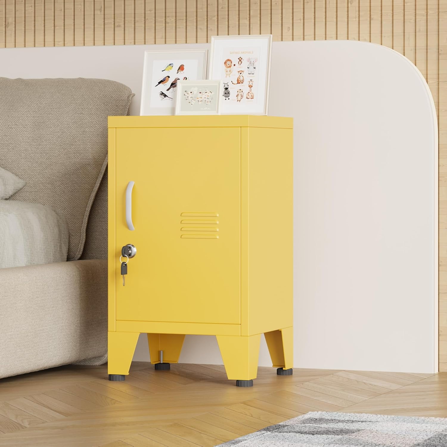 Metal NightStand Storage Cabinets with Lock and Adjustable Shelf,Under ...