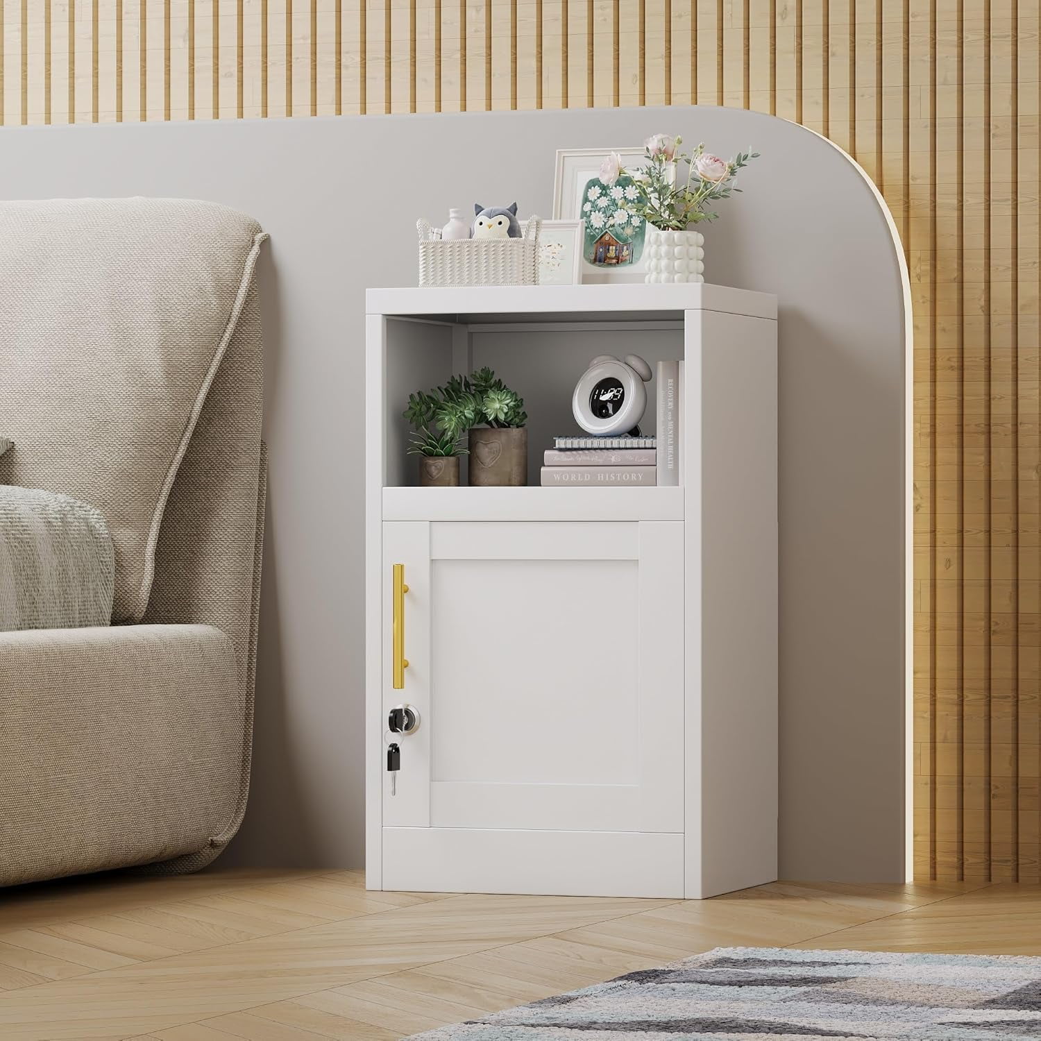 Metal NightStand Storage Cabinets with Lock and Adjustable Shelf,Under ...