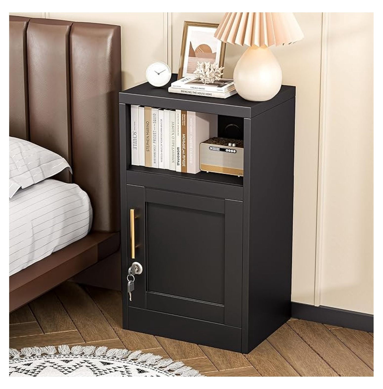 Metal Nightstand with Lockable Door and Adjustable Shelf, Small Storage ...