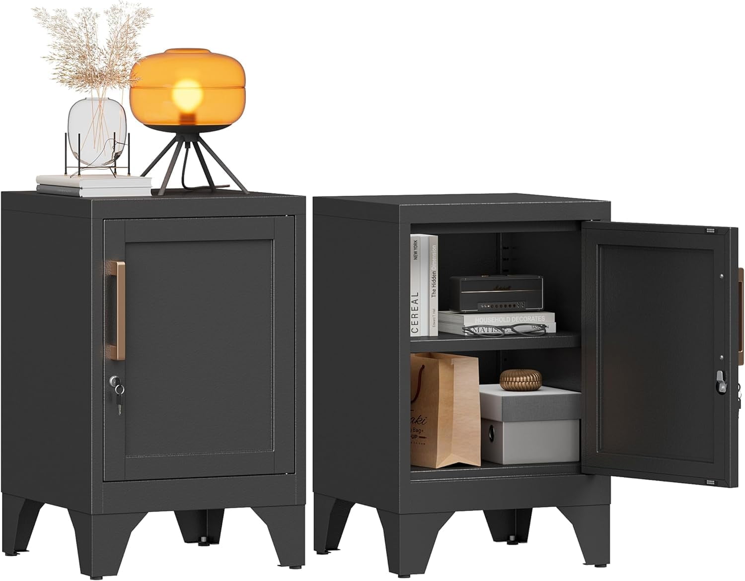 Metal Nightstand Locker Storage Cabinets with Lock and Adjustable Shelf ...