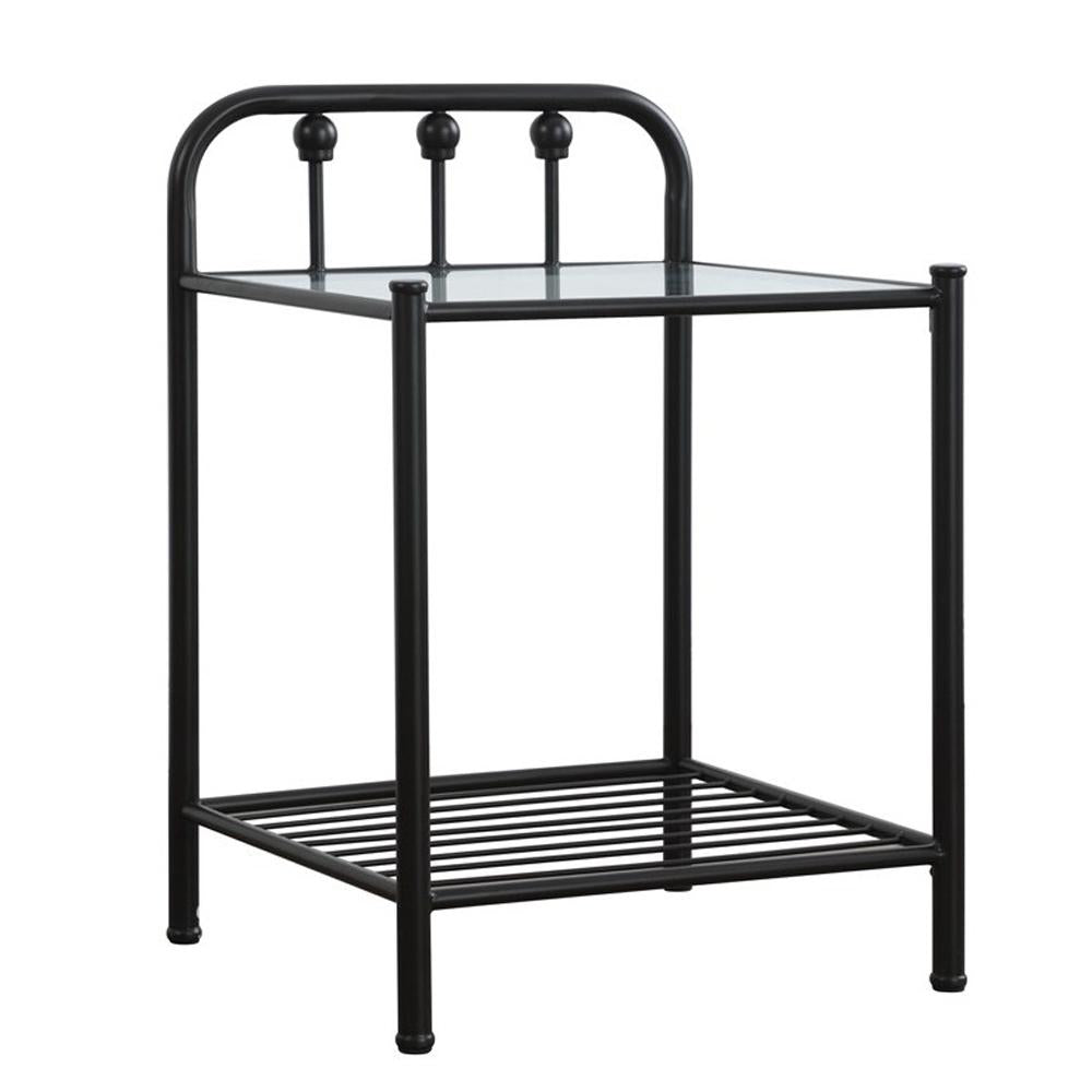 Metal Nightstand with Glass Top and Slated Open Bottom Shelf, Black ...