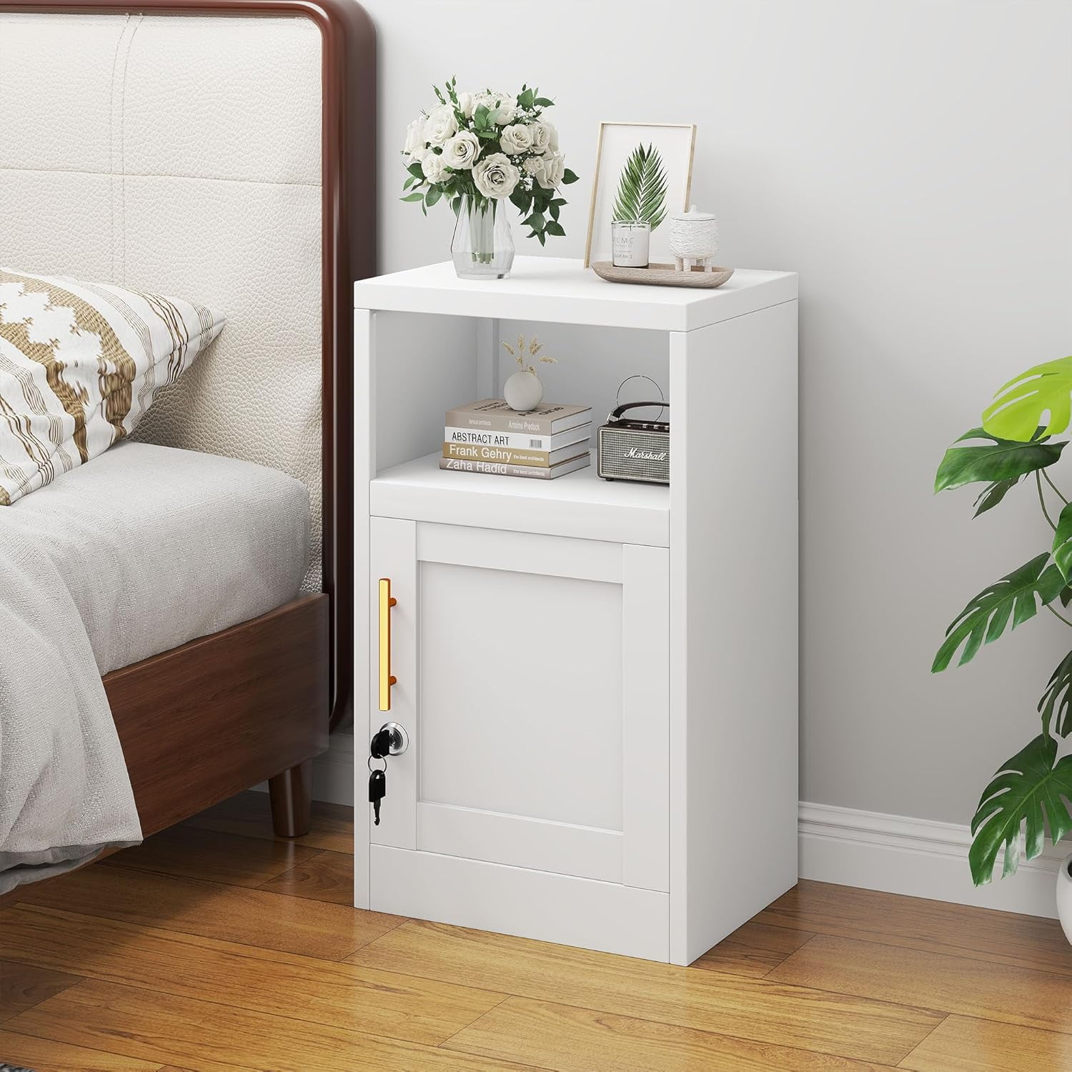 Metal Nightstand with Lockable Storage Cabinet, Side Table with Door ...