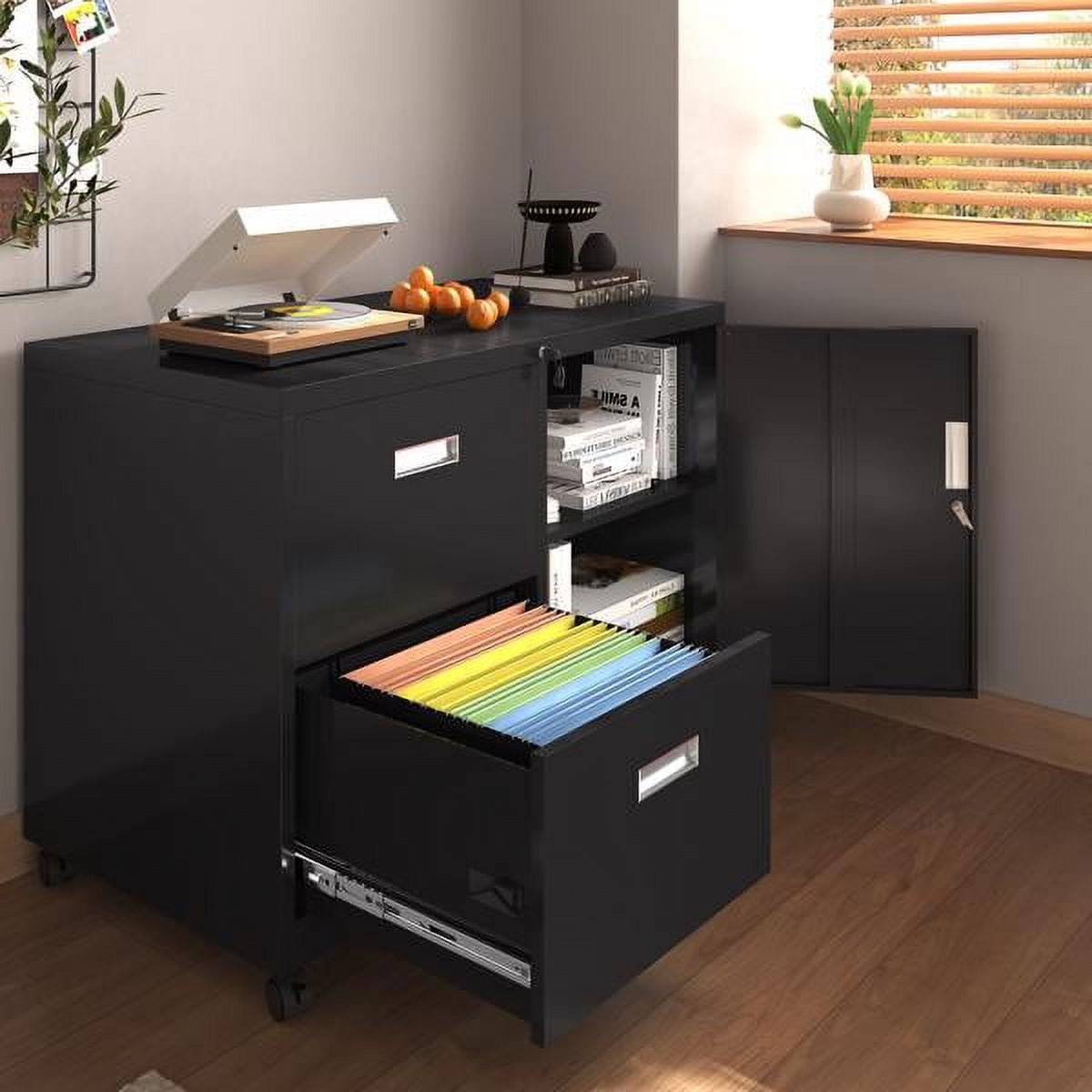 Metal Office Cabinet with 2 Drawers & Adjustable Shelves, Mobile ...