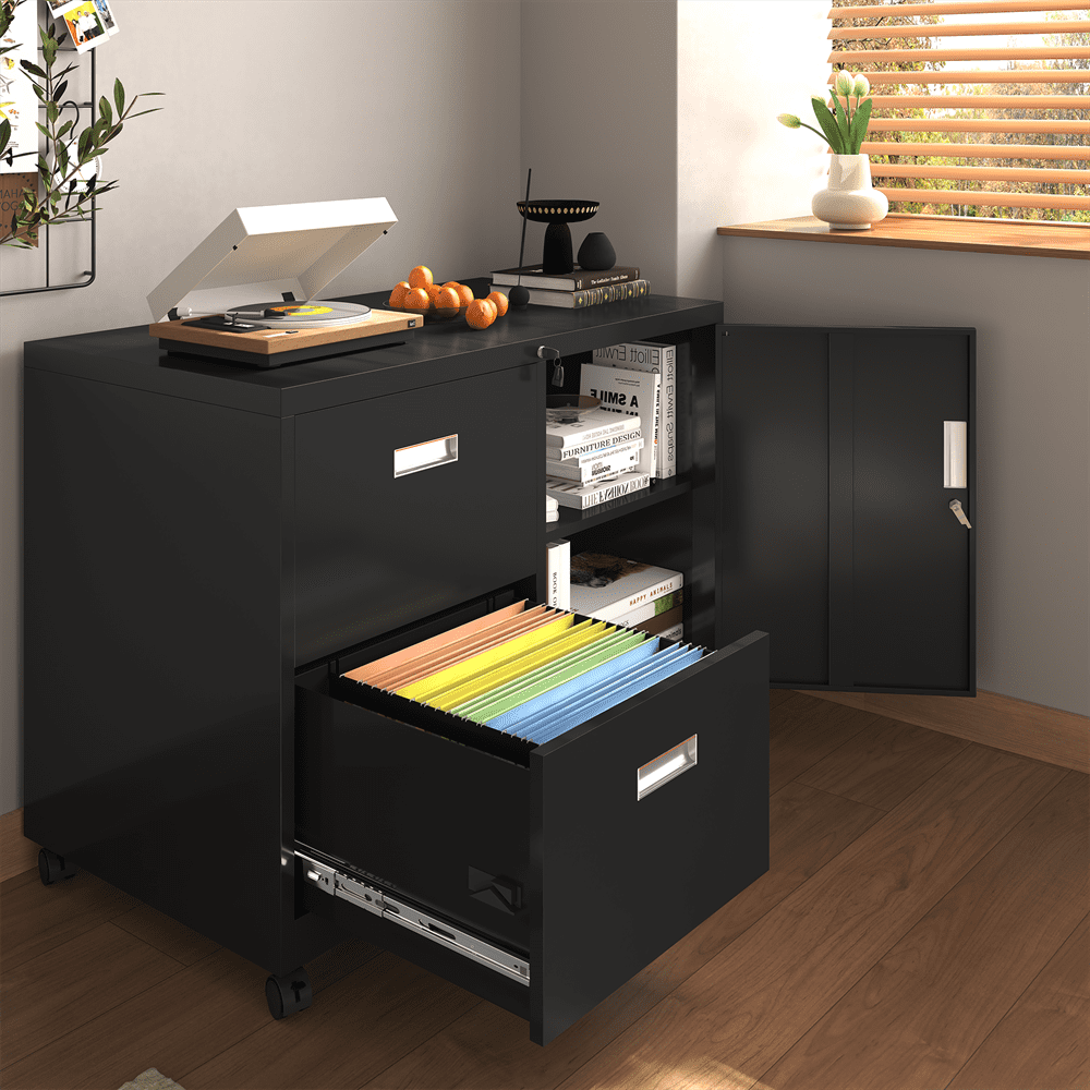 Metal Office File Cabinet with 2 Drawers and Adjustable Shelves, Mobile ...