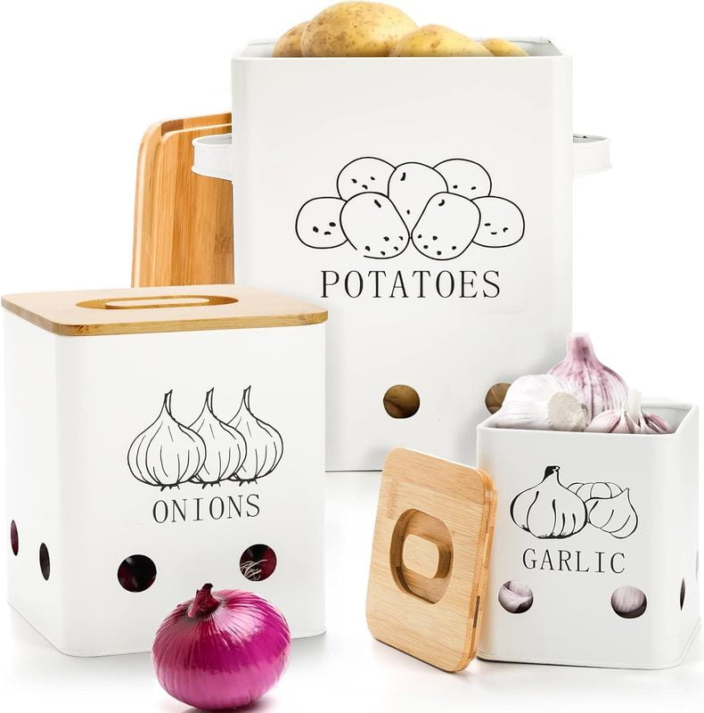 Metal Onion Garlic Potato Jars Set, Kitchen Canisters Vegetable Keeper ...
