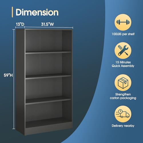 Metal Open Bookcase, 4-Tier Bookshelf with Adjustable Storage Shelves ...
