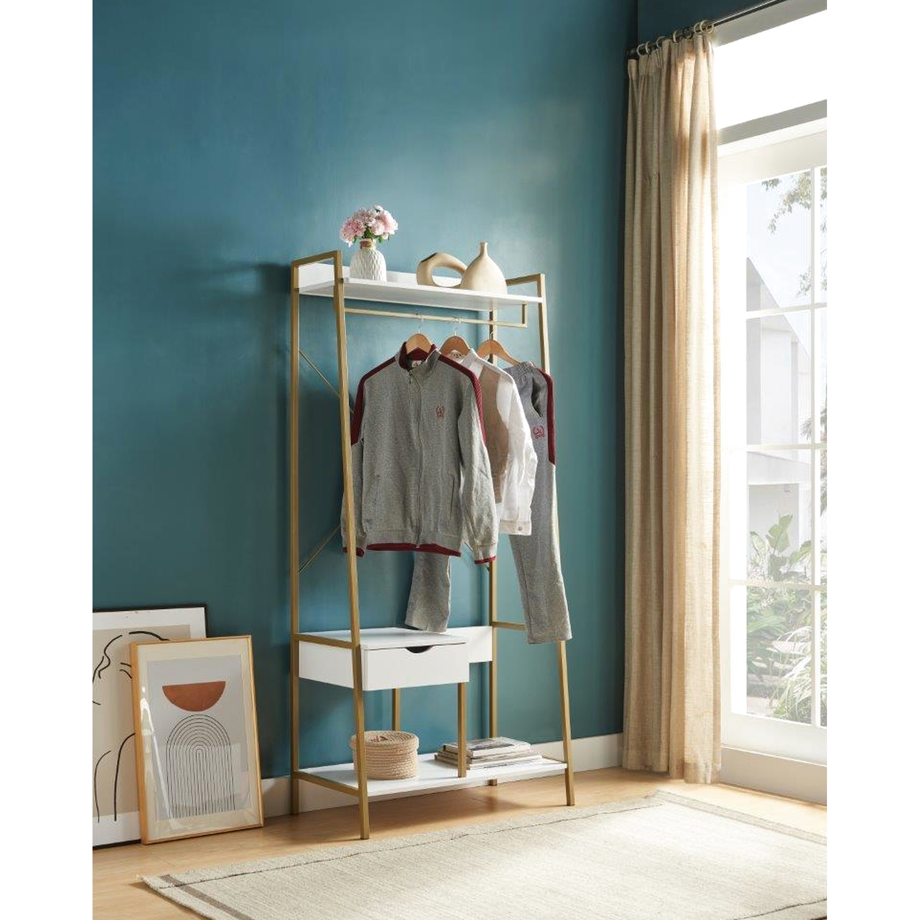 Metal Open Wardrobe With Drawer - White & Gold, Hanging Rod, Shelf ...