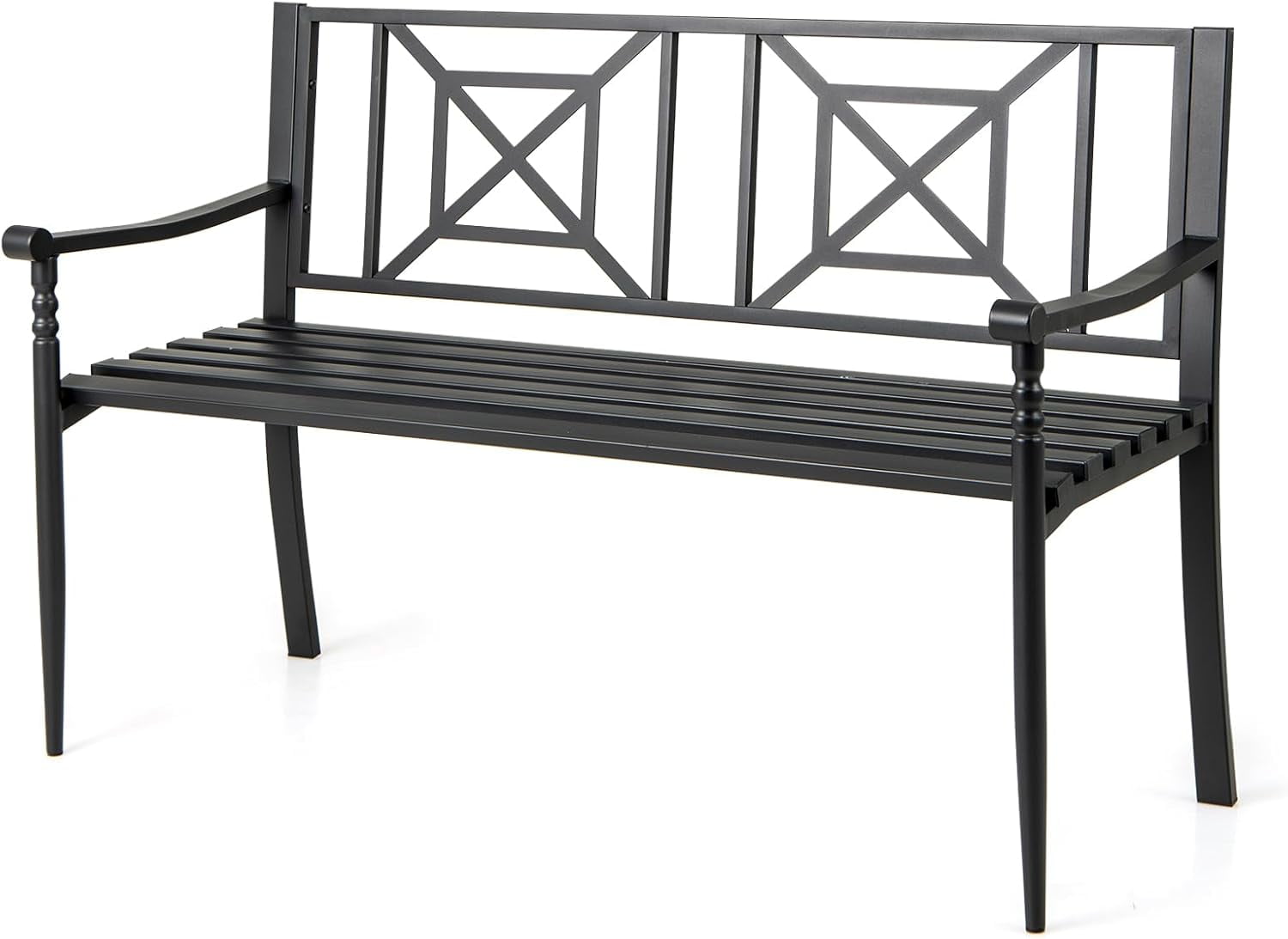 Metal Outdoor Bench with Backrest, Curved Armrests, Non-Slip Foot Pads ...