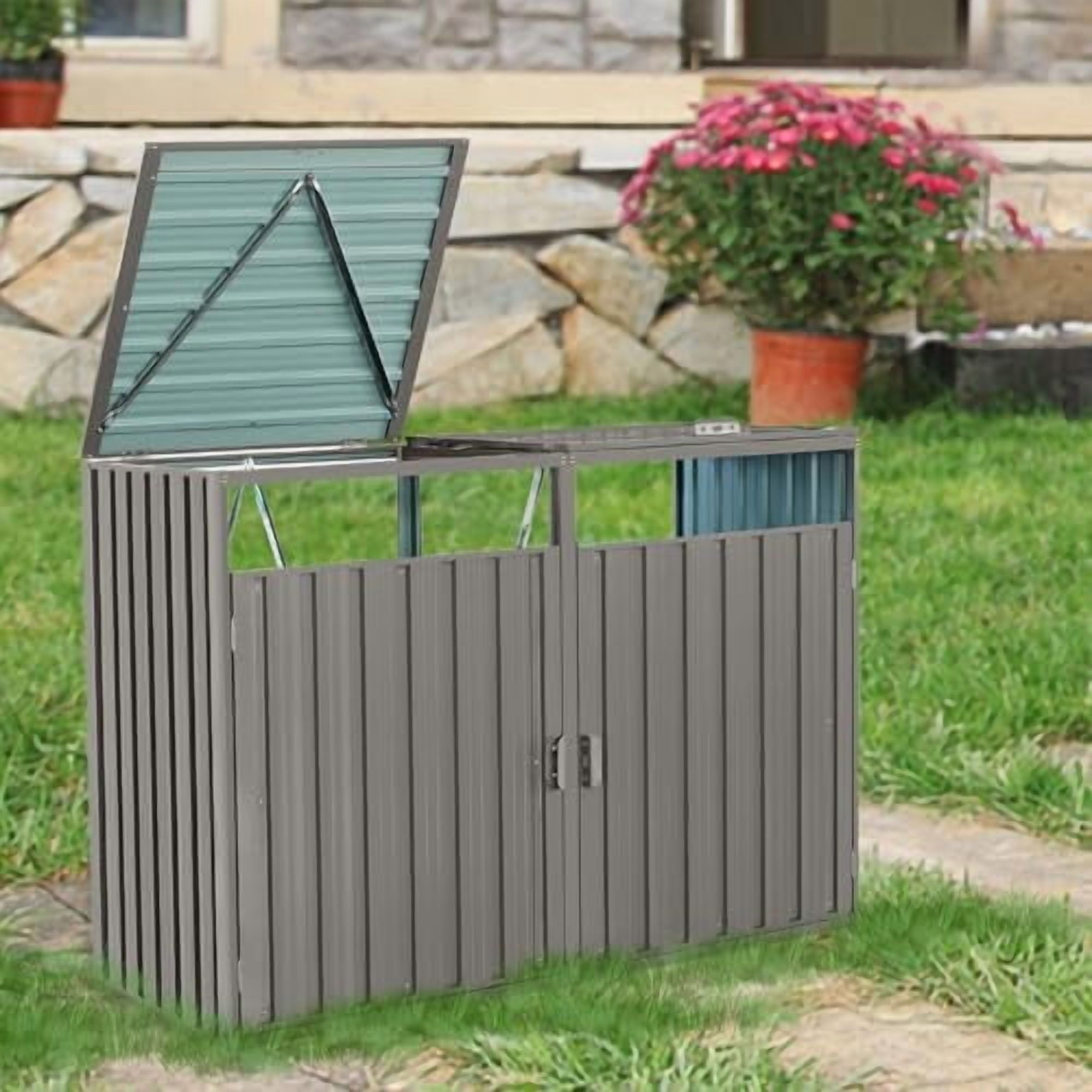Metal Outdoor Bin Shed Garbage Can Storage Shed with Doors and Lifting ...