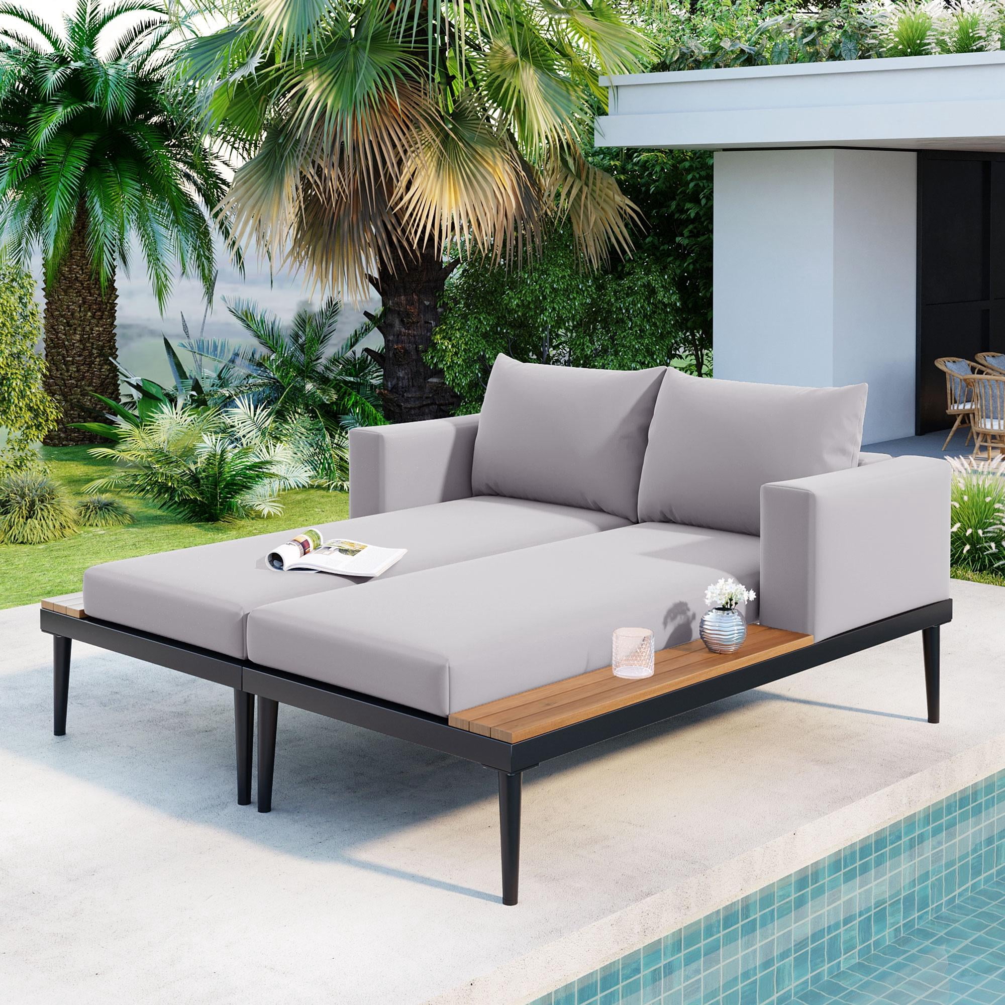 Metal Outdoor Daybed, 2 in 1 Padded Double Chaise Lounge Set with Wood ...