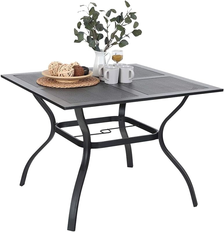 Metal Outdoor Dining Table, Square Mesh Patio Table with 1.57" Umbrella ...