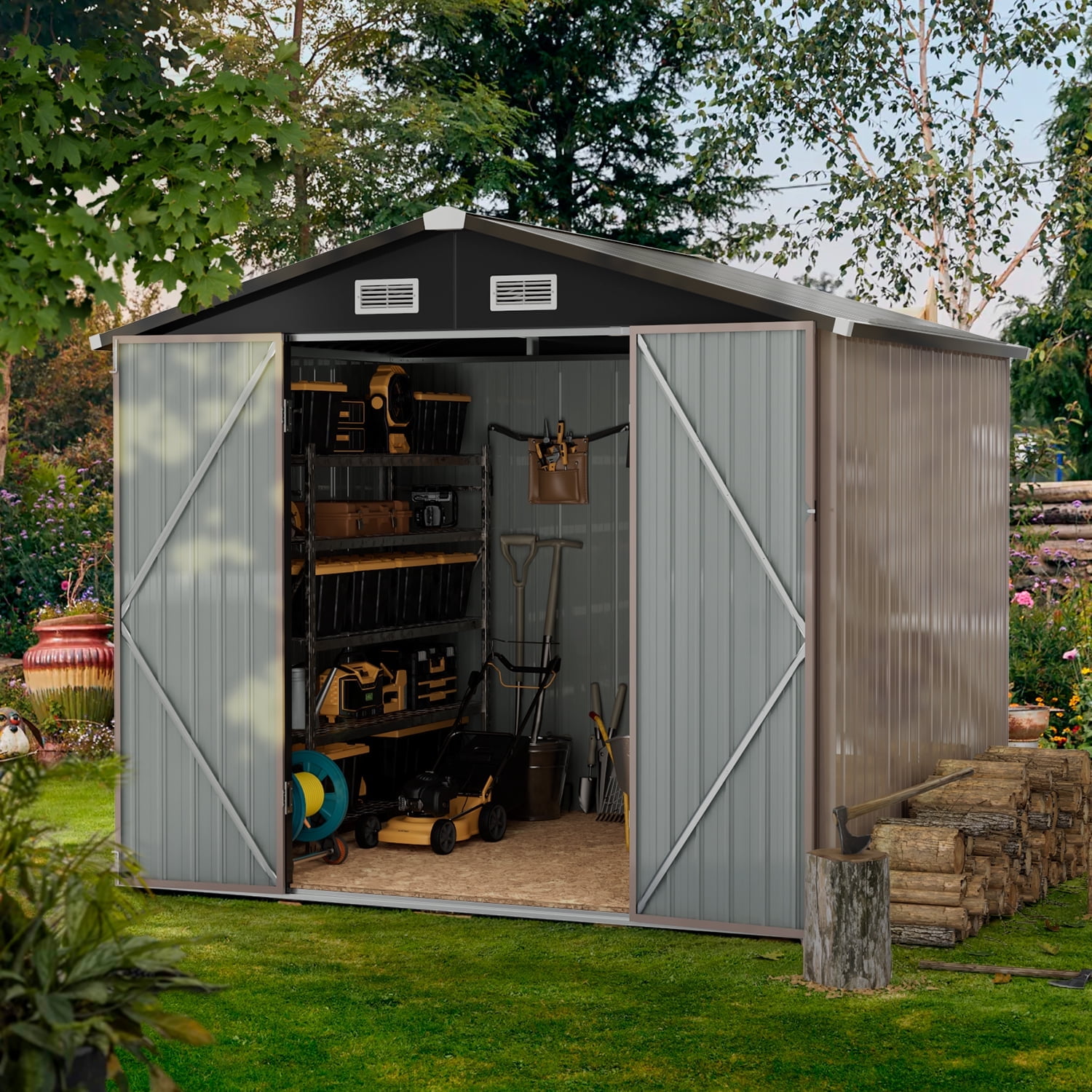Sunmthink Metal Outdoor Storage Shed with Base Frame for Garden Tools ...