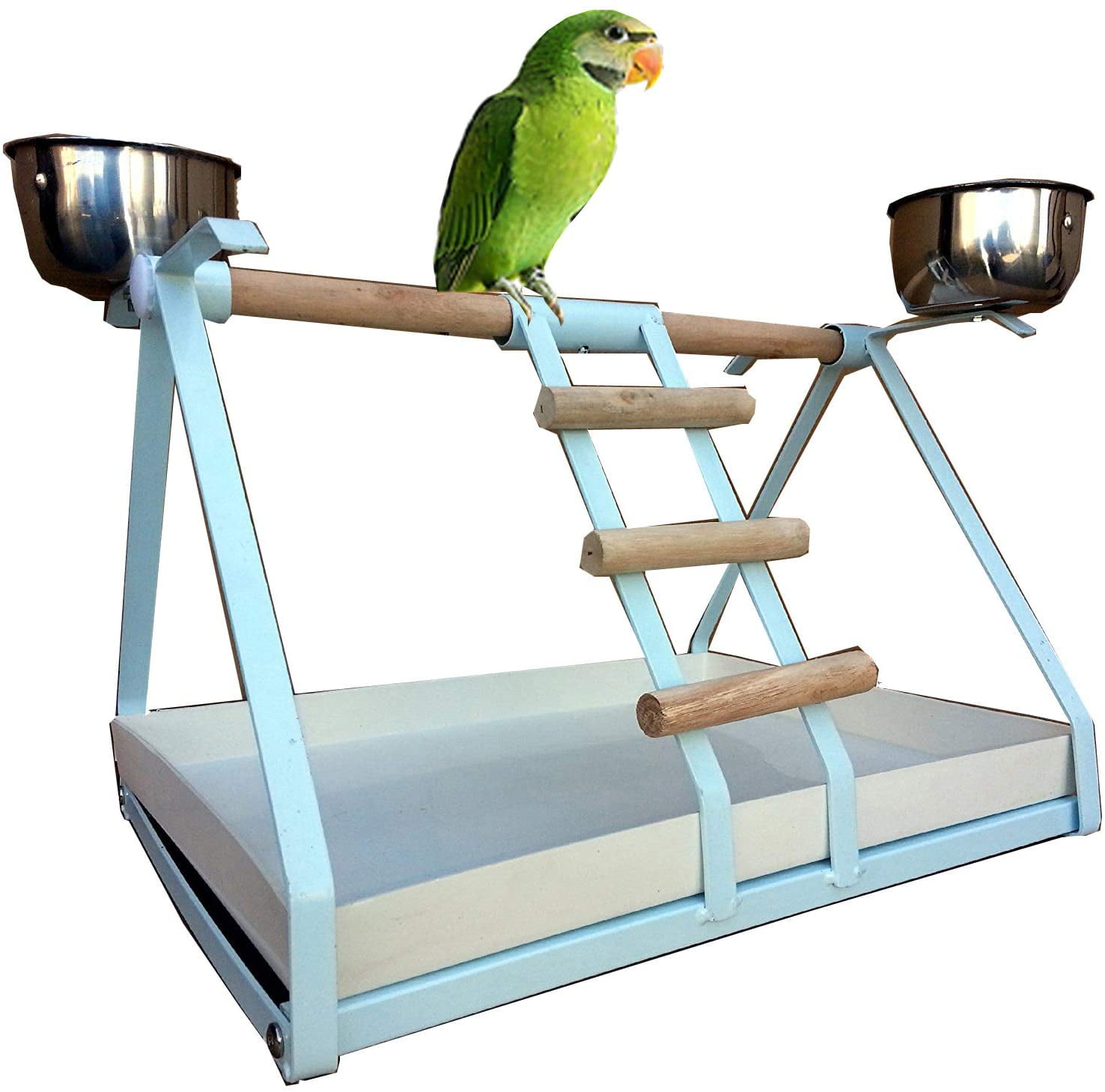 Metal PLAYSTAND Play Gym with Stainless Steel Cups Wood Stand Perch and ...