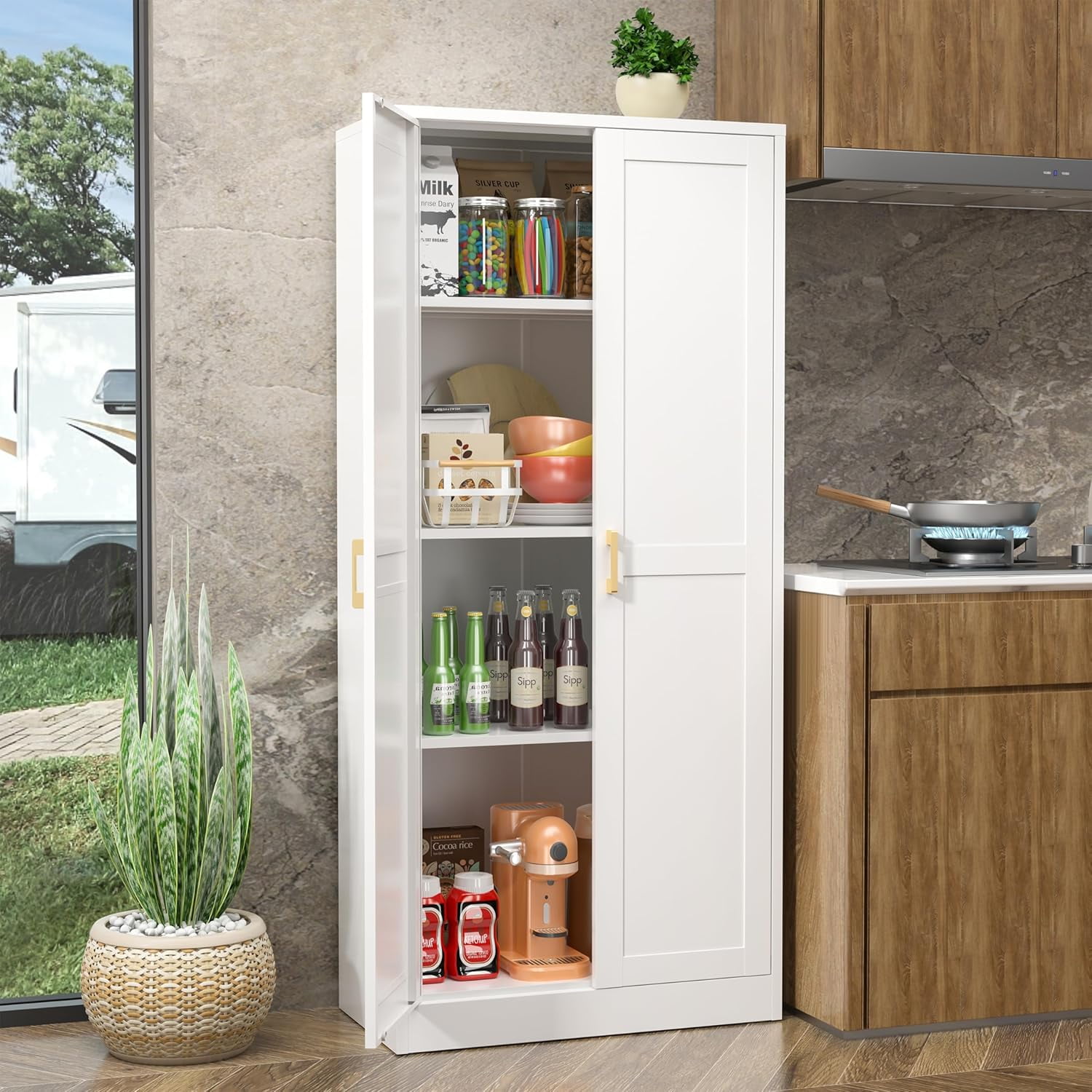 Metal Pantry Cabinet, Storage Cabinet with Doors and Shelves, Kitchen ...