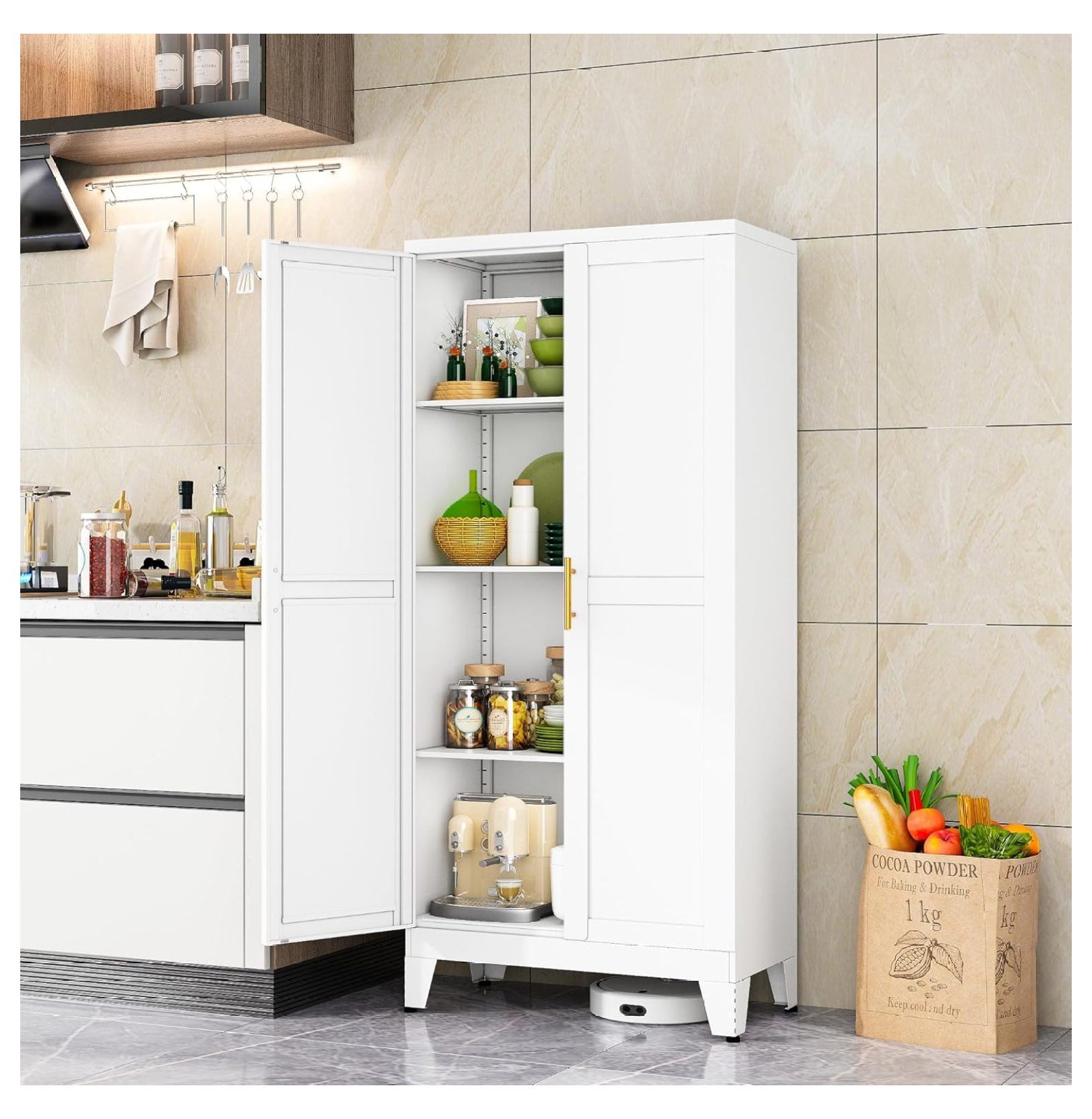 Metal Pantry Storage Cabinet, Kitchen Storage Cabinets with Adjustable ...