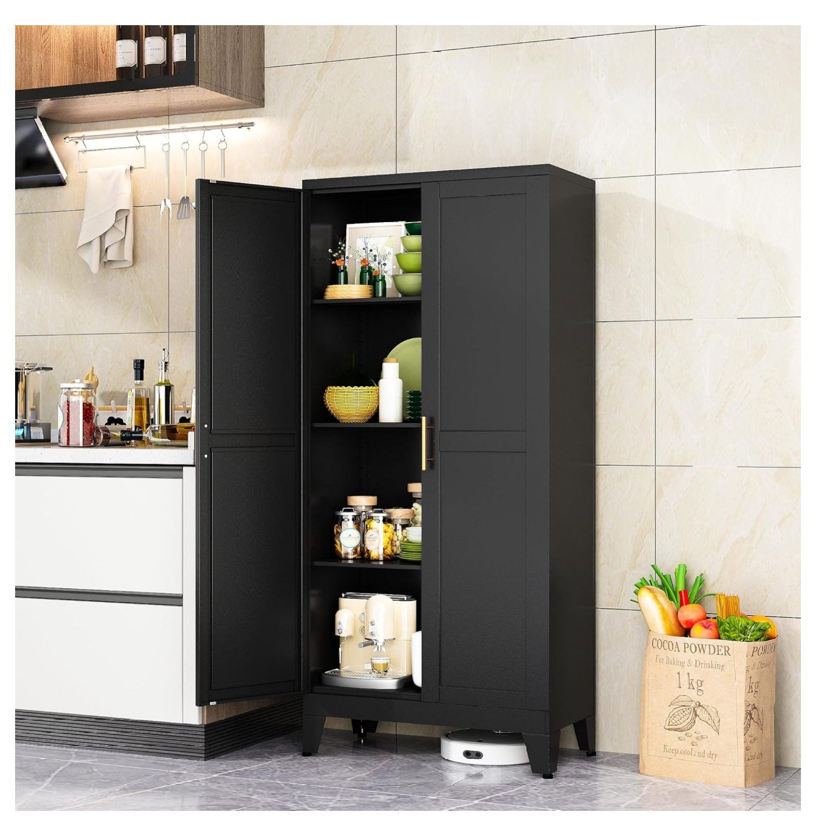 Metal Pantry Storage Cabinet, Kitchen Storage Cabinets with Adjustable ...