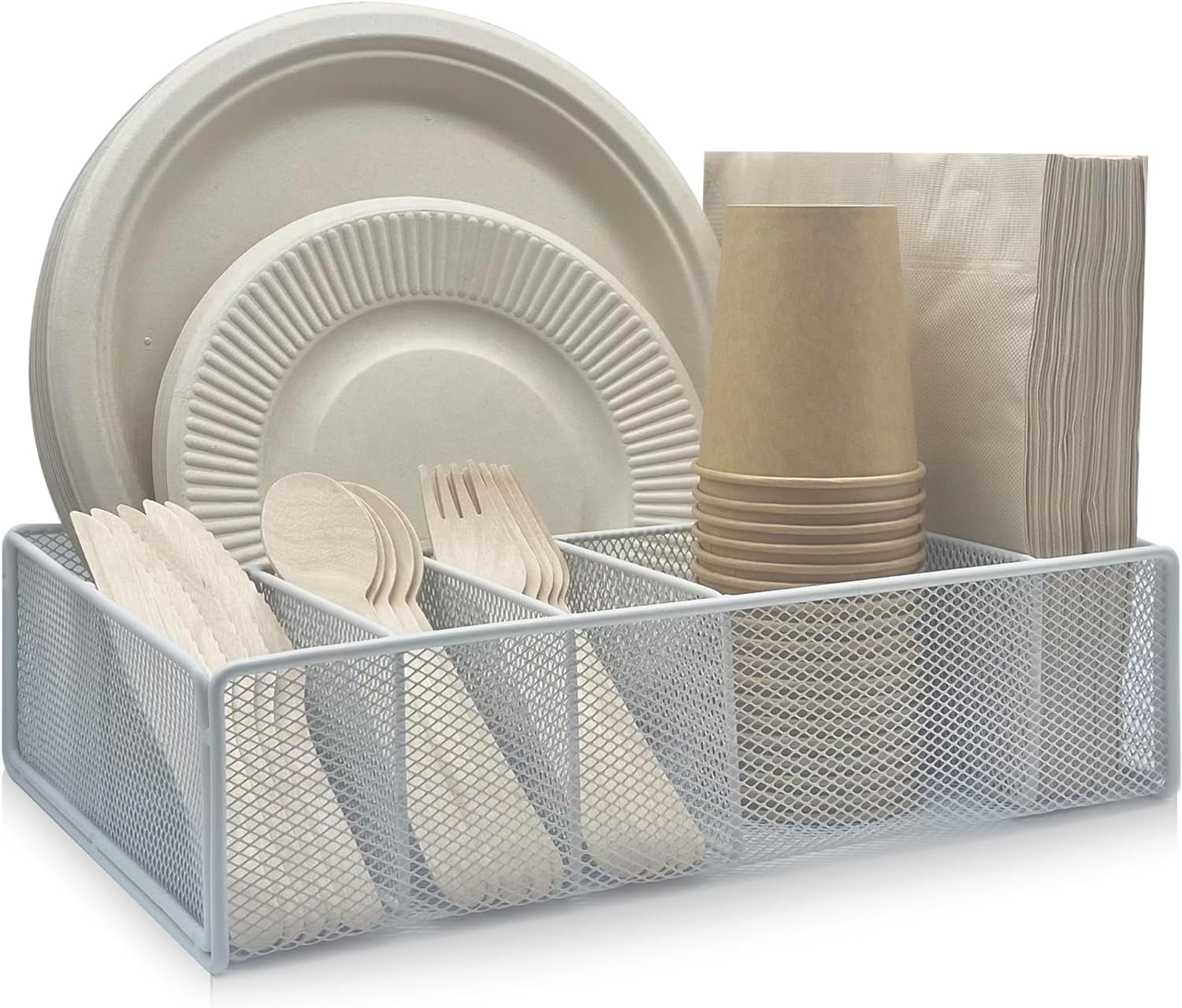 Metal Paper Plate Holder - Utensil Silverware Caddy for Kitchen Counter ...