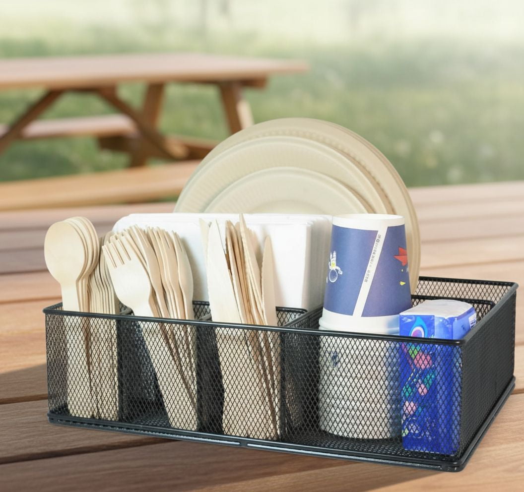 Metal Paper Plate Organizer & Utensil Holder for Countertop, Silverware ...