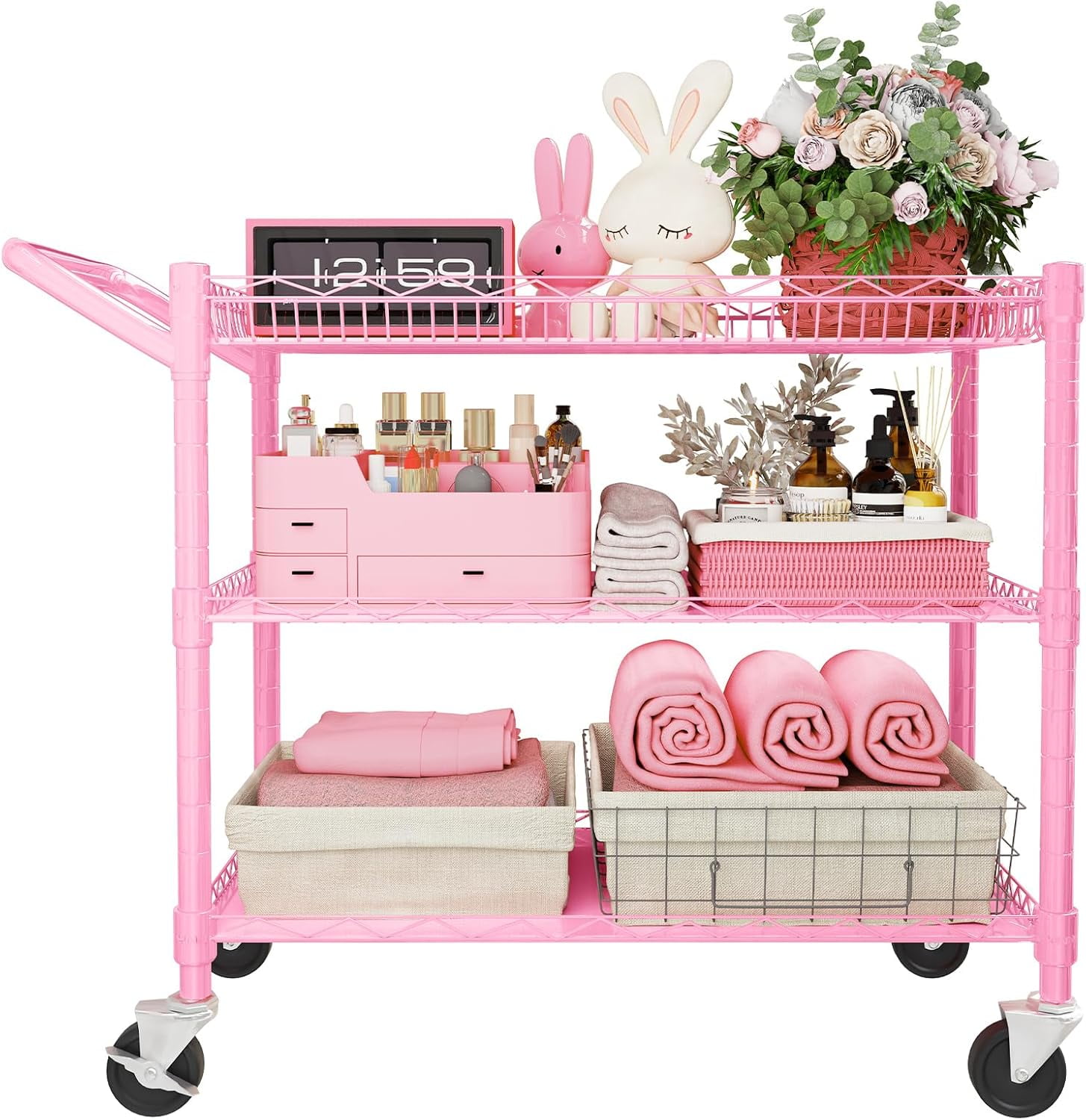 Metal Pink Utility Cart, 3 Tier Rolling Cart 990lbs Capacity Heavy Duty ...