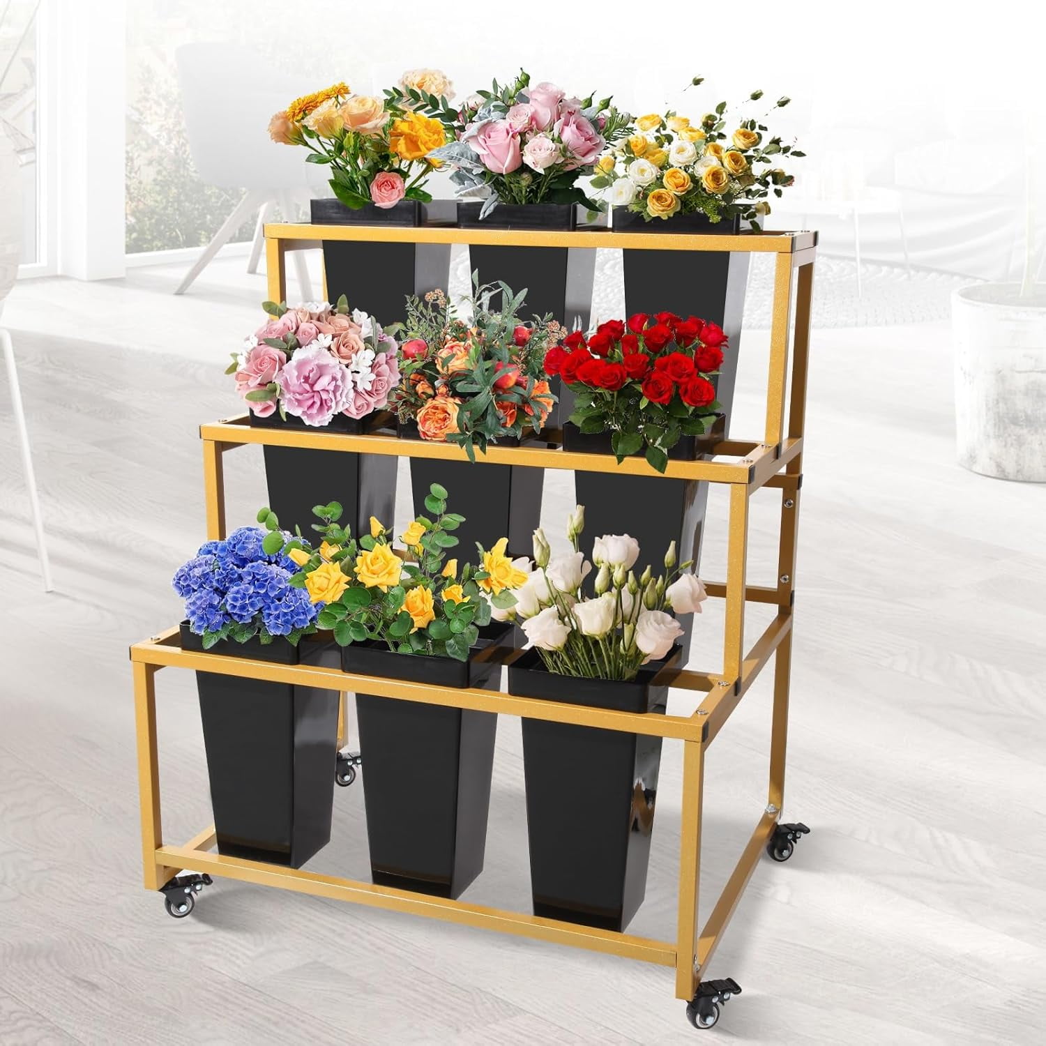 Metal Plant Display Rack, 3-Tier Iron Florist Stand with 9 Buckets ...