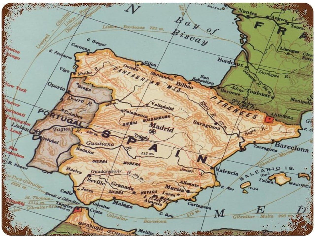 Metal Plaque Map Spain Signs Retro Map Backdrops Metal Signs Outdoor ...