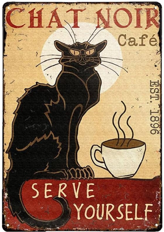 Metal Plate Tin Sign Black Cat Chat Noir Cafe Serve Yourself Vintage ...