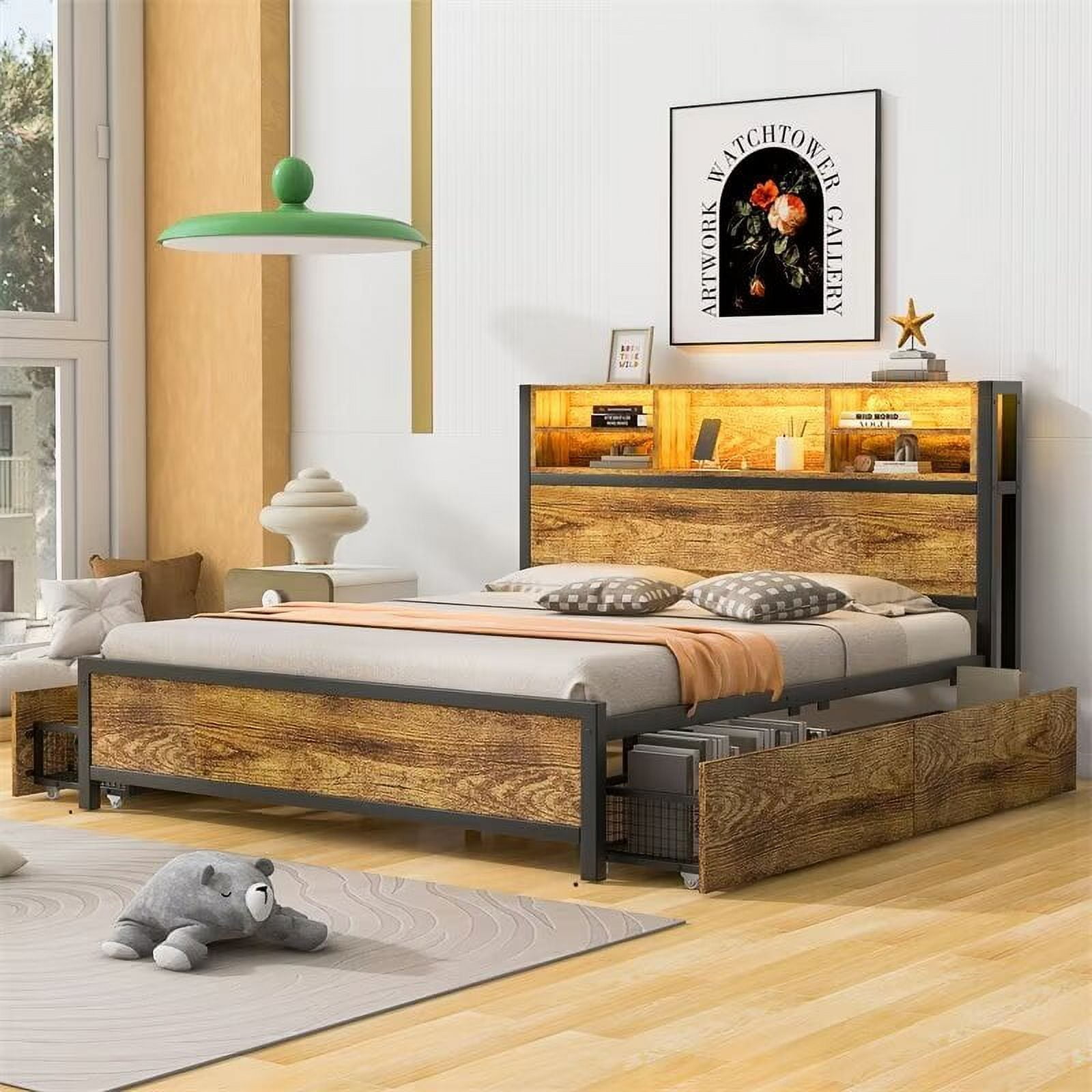 Metal Platform Bed with 4 Drawers, Sockets and USB Ports, Full Size Bed ...