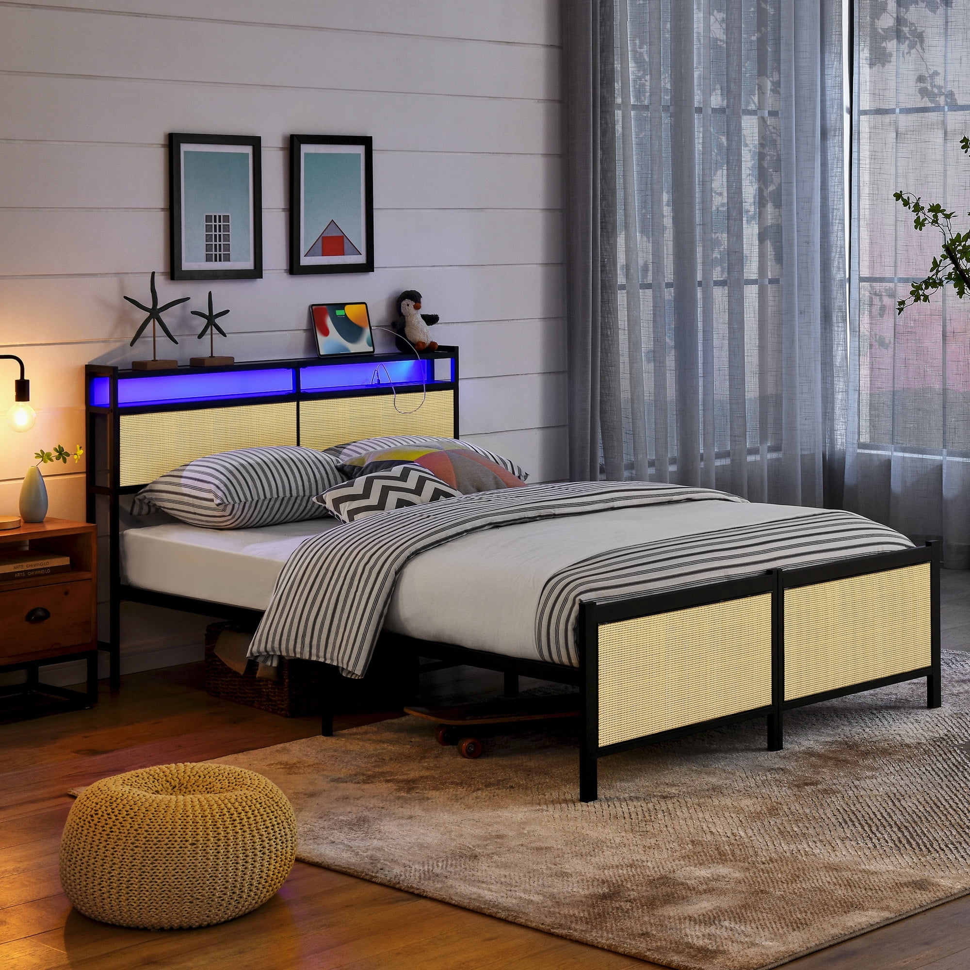 Metal Platform Bed Frame PE Rattan Decoration with Headboard Lamp Light ...