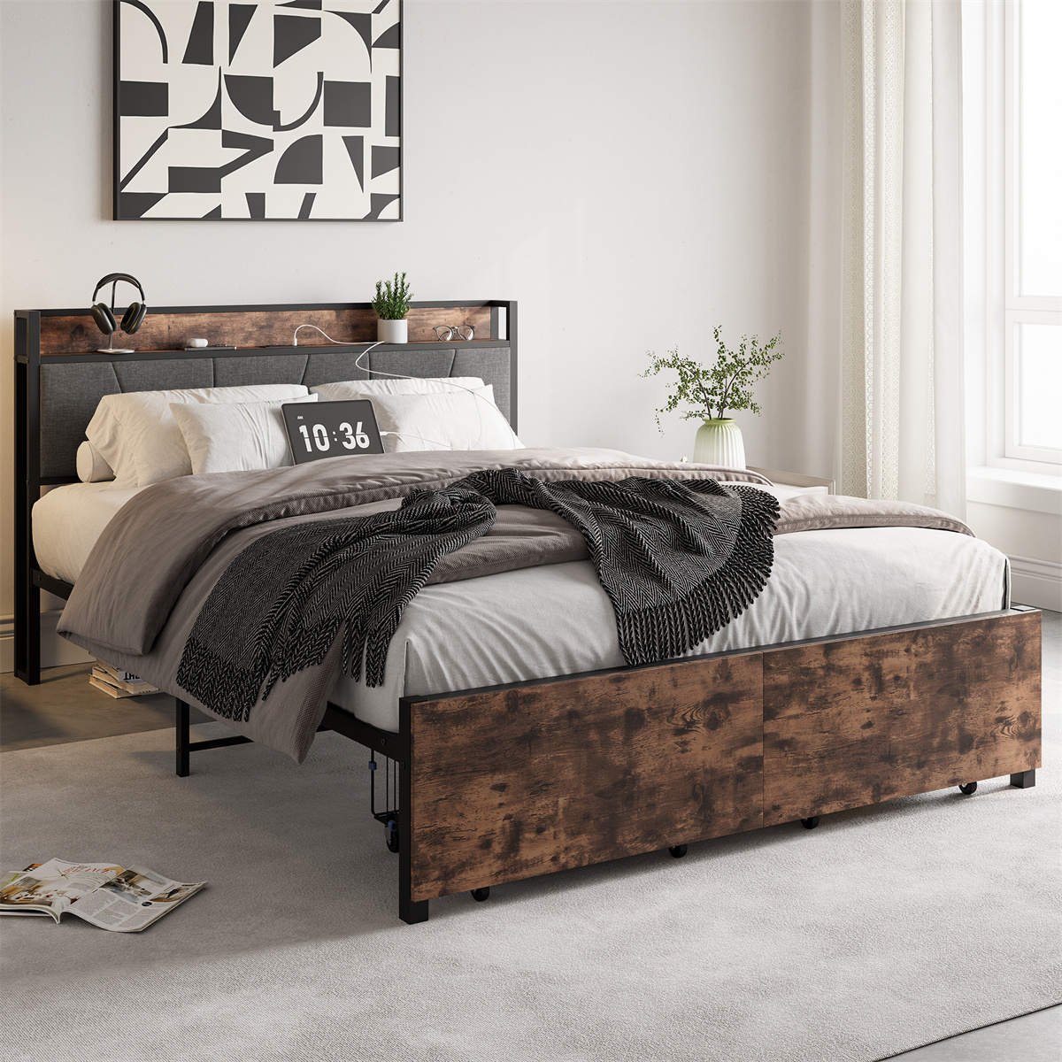 Metal Platform Bed Frame with Storage Headboard and Charging Station ...