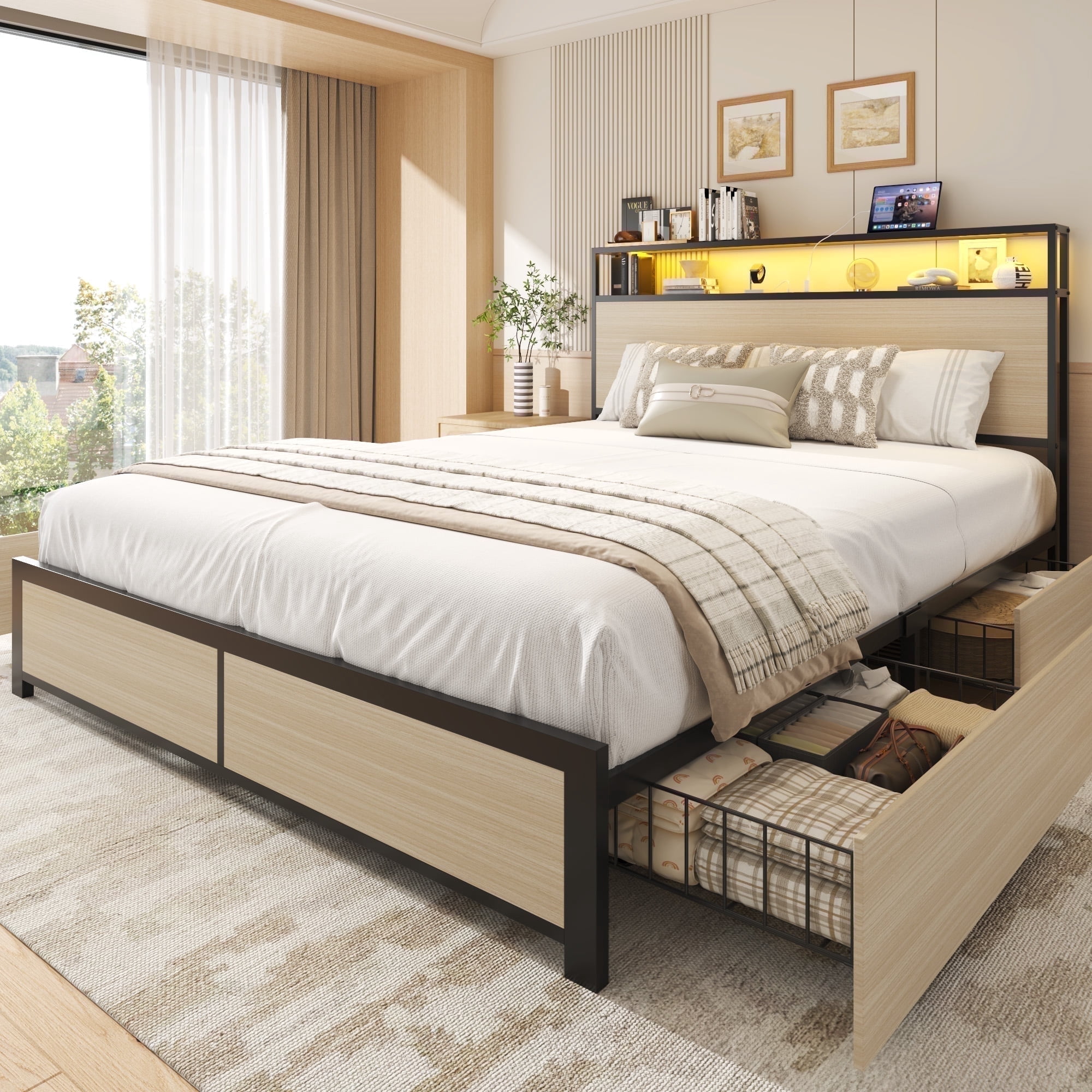 Queen Bed Frame with 2-Tier Headboard, Metal Support, USB Port & LED ...
