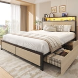 Queen Bed Frame with 2-Tier Headboard, Metal Support, USB Port & LED ...